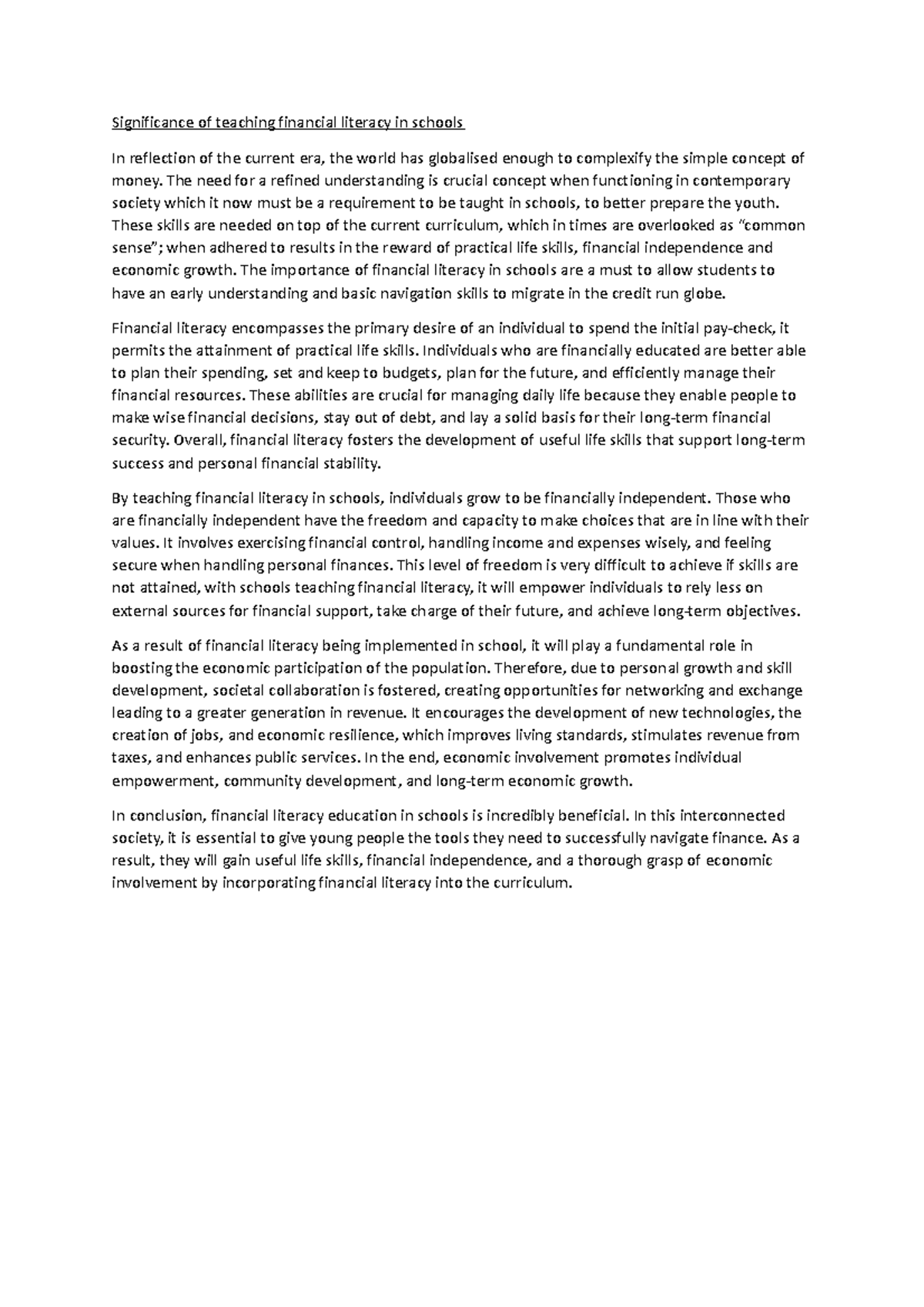 Significance of teaching financial literacy in schools - The need for a ...