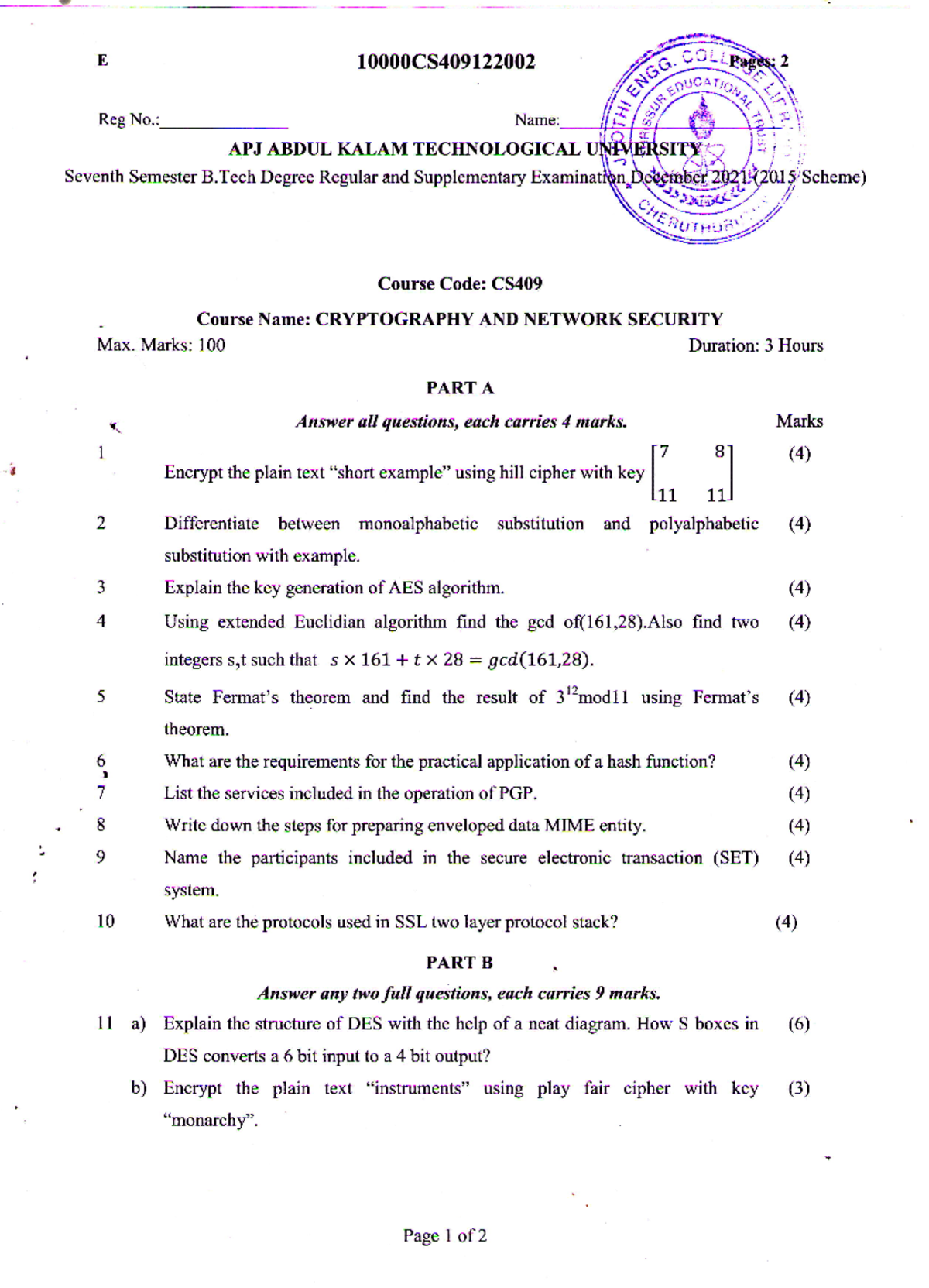 CS409 Cryptography AND Network Security, December 2021 - E Reg No.: APJ ABDUL KALAM ...
