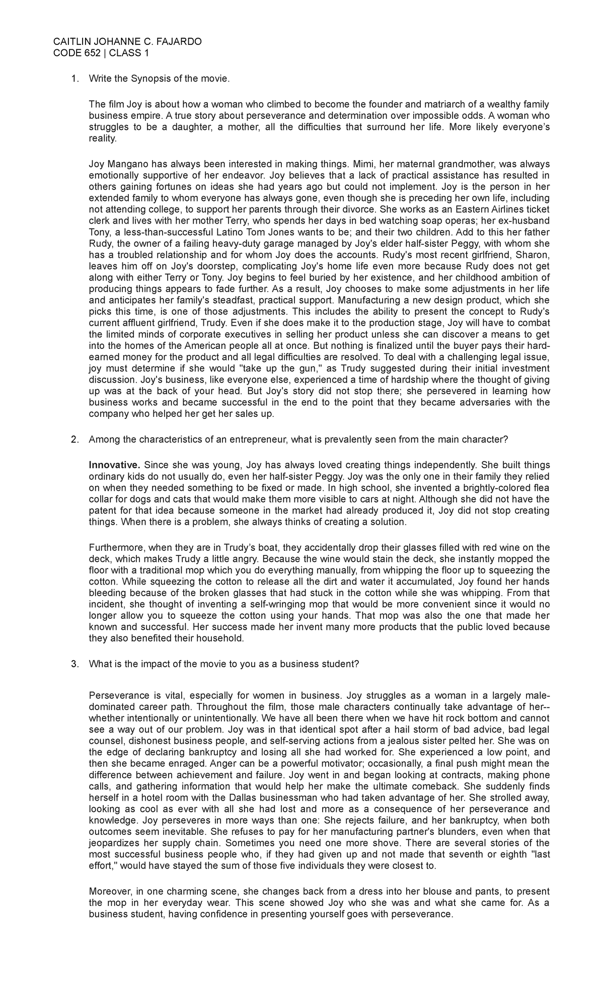 Joy (2015 ) - Movie Reflection - CAITLIN JOHANNE C. FAJARDO CODE 652 ...