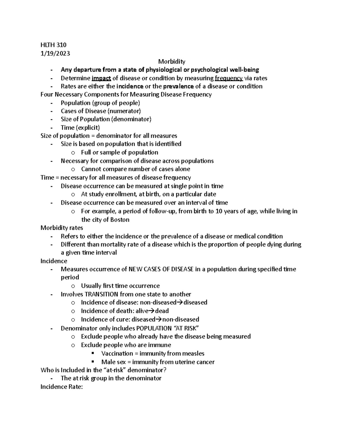Morbidity - In class notes - HLTH 310 1/19/ Morbidity Any departure ...