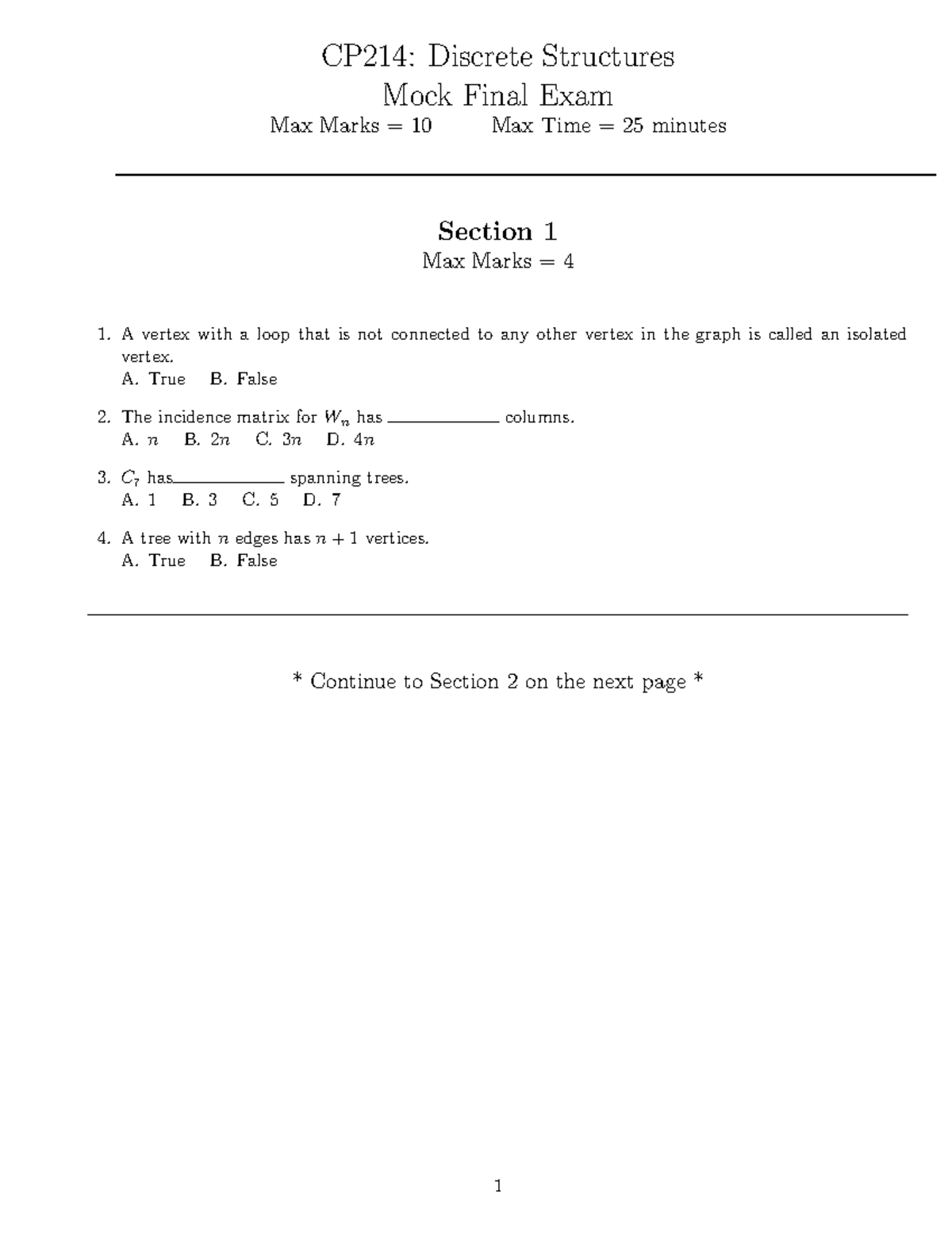 CP214 Mock Final Exam - CP214: Discrete Structures Mock Final Exam Max Marks = 10 Max Time = 25 ...