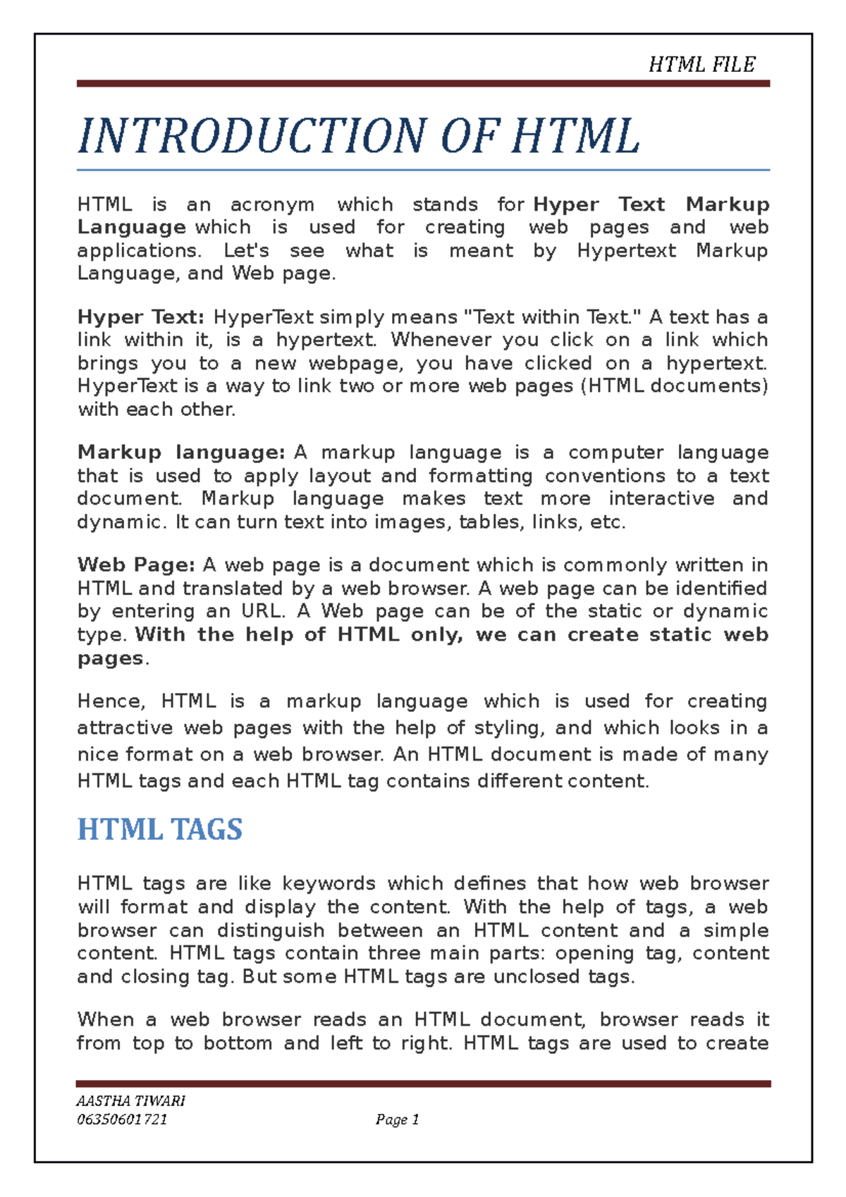 Aastha.WORD17 - nndbduiadbsdisuewbhegrhierhf - INTRODUCTION OF HTML ...