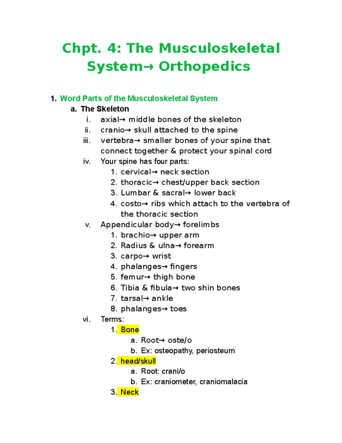Medical Terminologies Chpt 4 Notes - Chpt. 4: The Musculoskeletal ...
