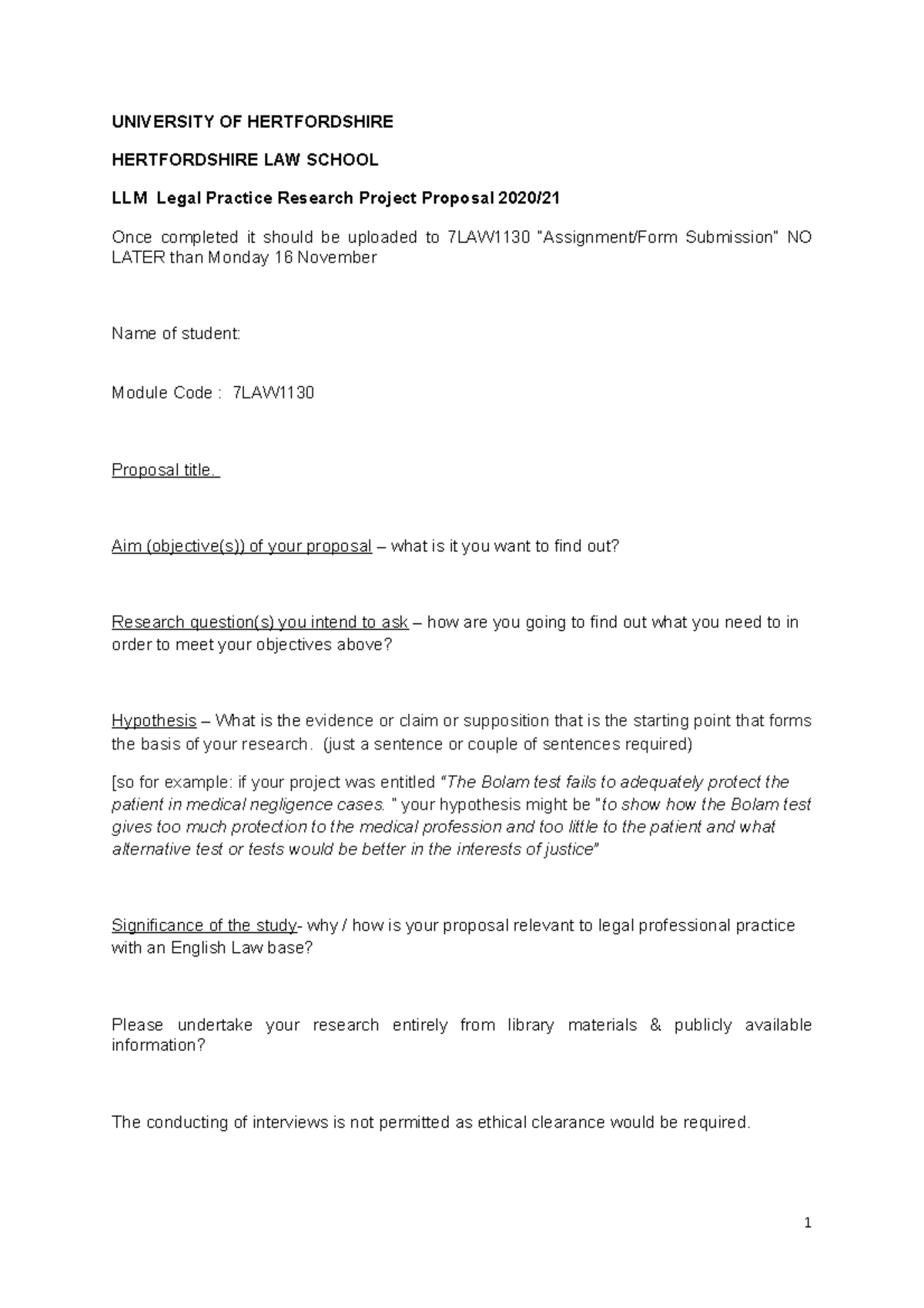 Research Project Proposal Form 2020 2021 - UNIVERSITY OF HERTFORDSHIRE ...