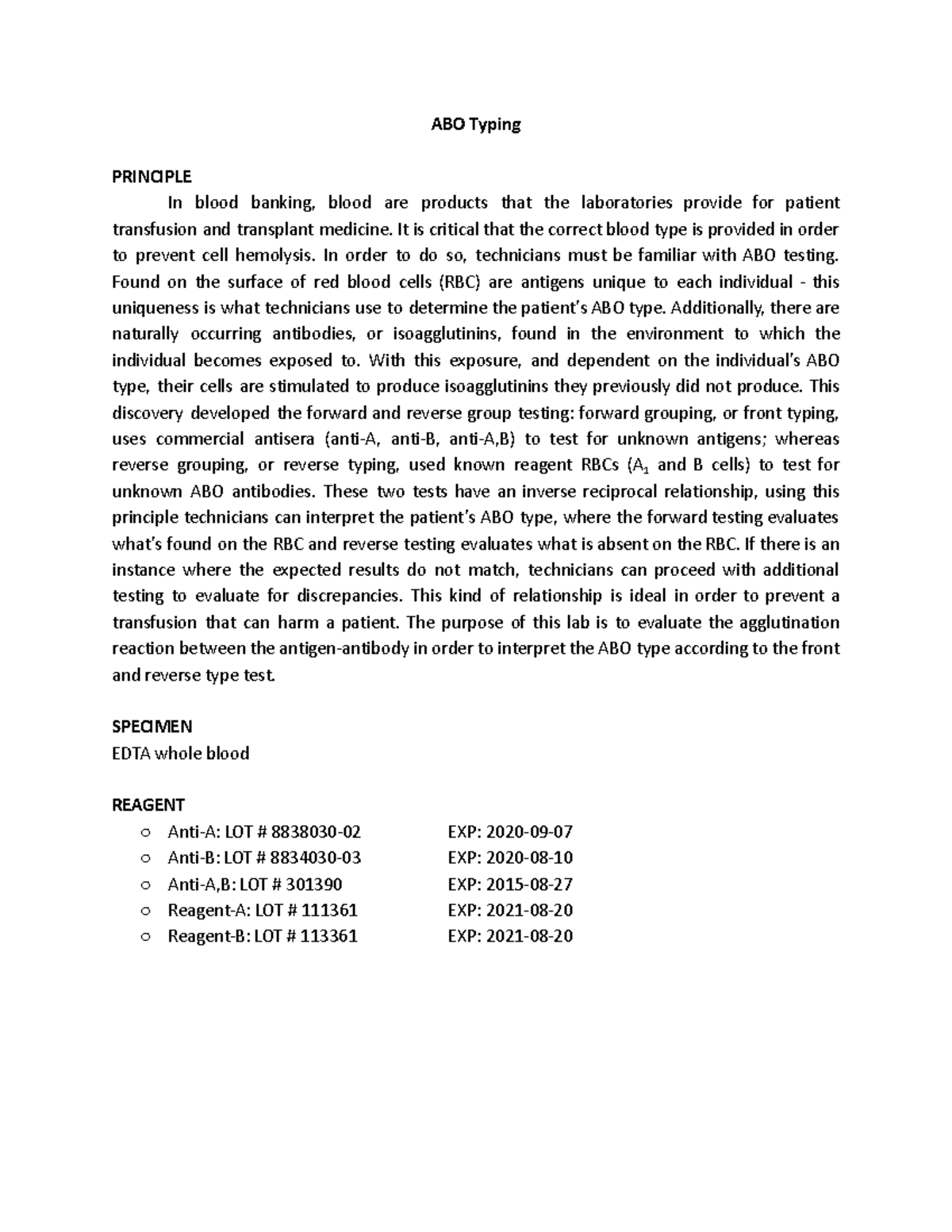 Blood Banking Lab 1 Report: ABO Typing - ABO Typing PRINCIPLE In blood ...