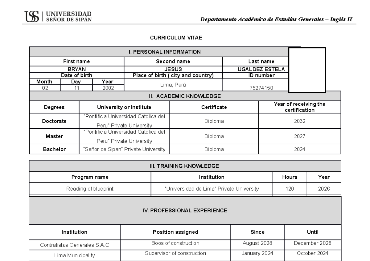 PA2 Ingles - Unidad 1 - Departamento Académico de Estudios Generales – Inglés II CURRICULUM ...