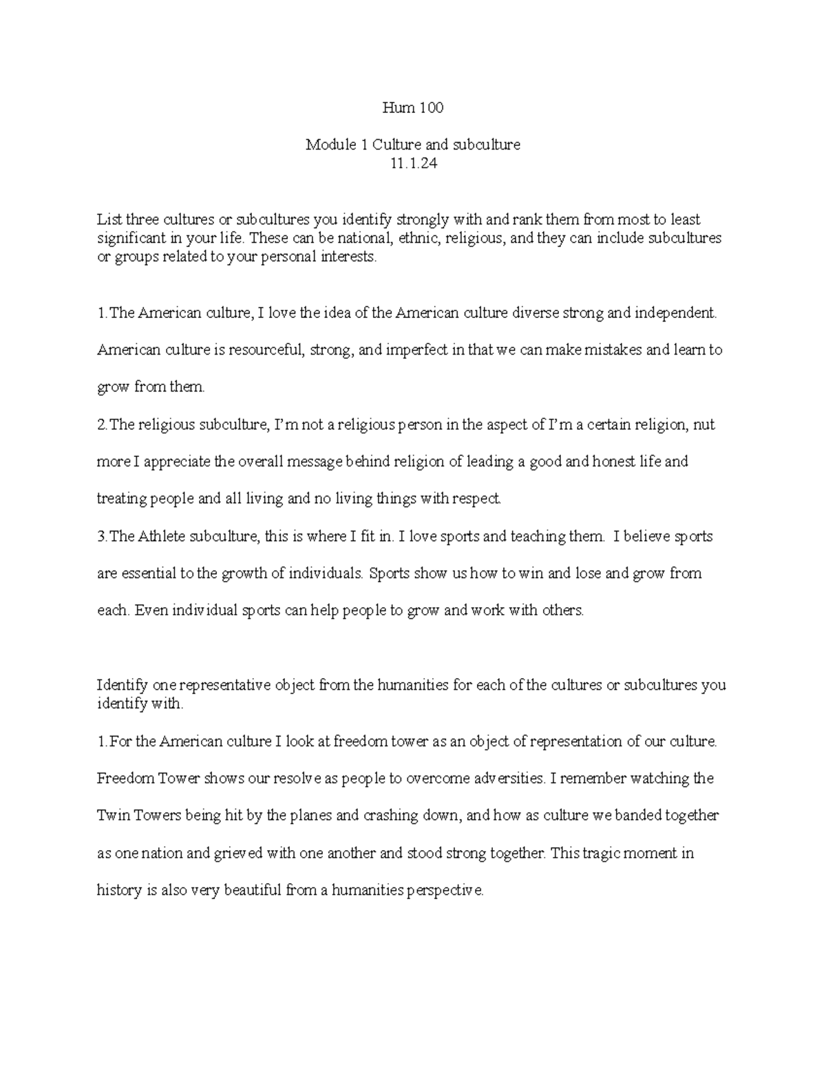 Hum 100 - week 1 module 1 - Hum 100 Module 1 Culture and subculture 11 ...