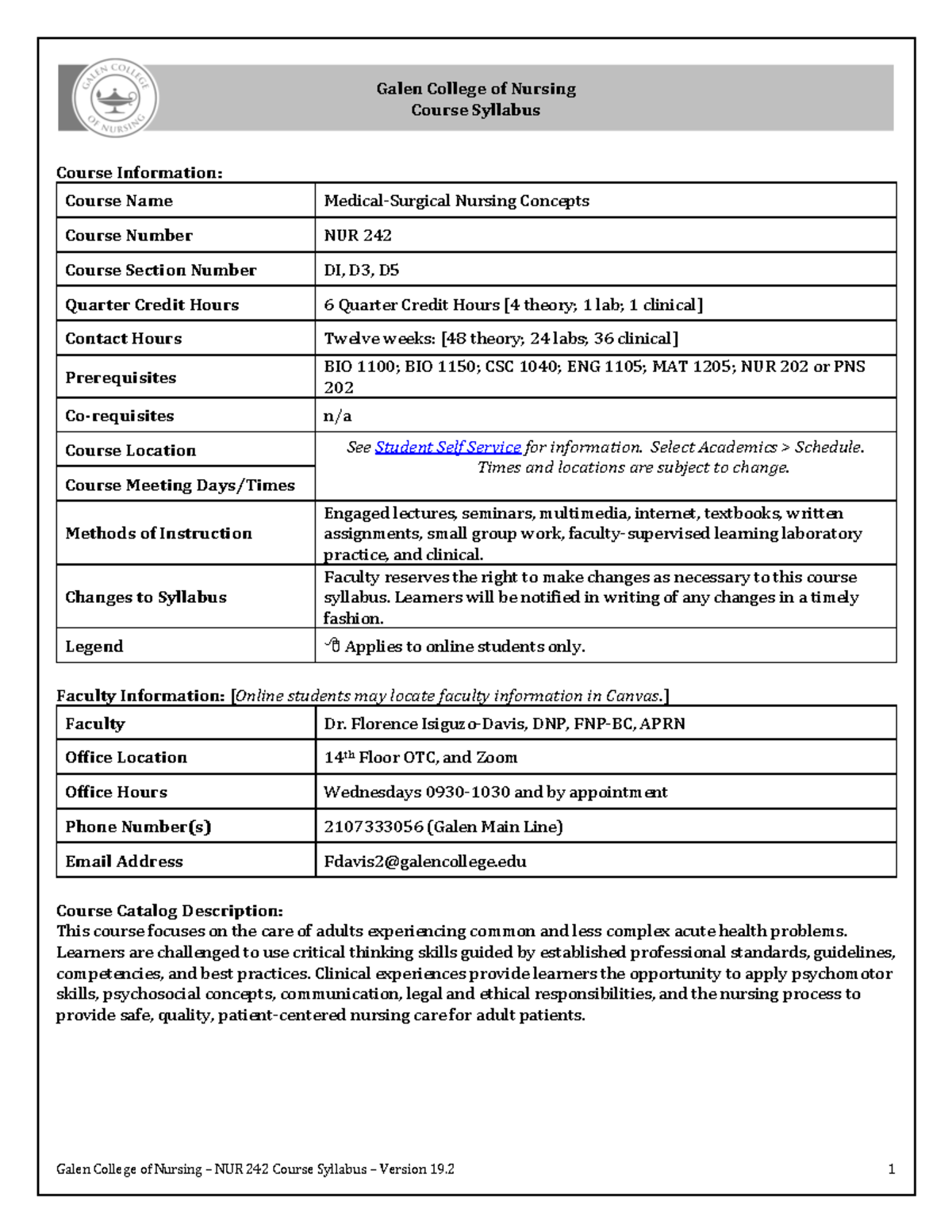 NUR 242 Syllabus Version 19-3+-Updated - Galen College of Nursing ...