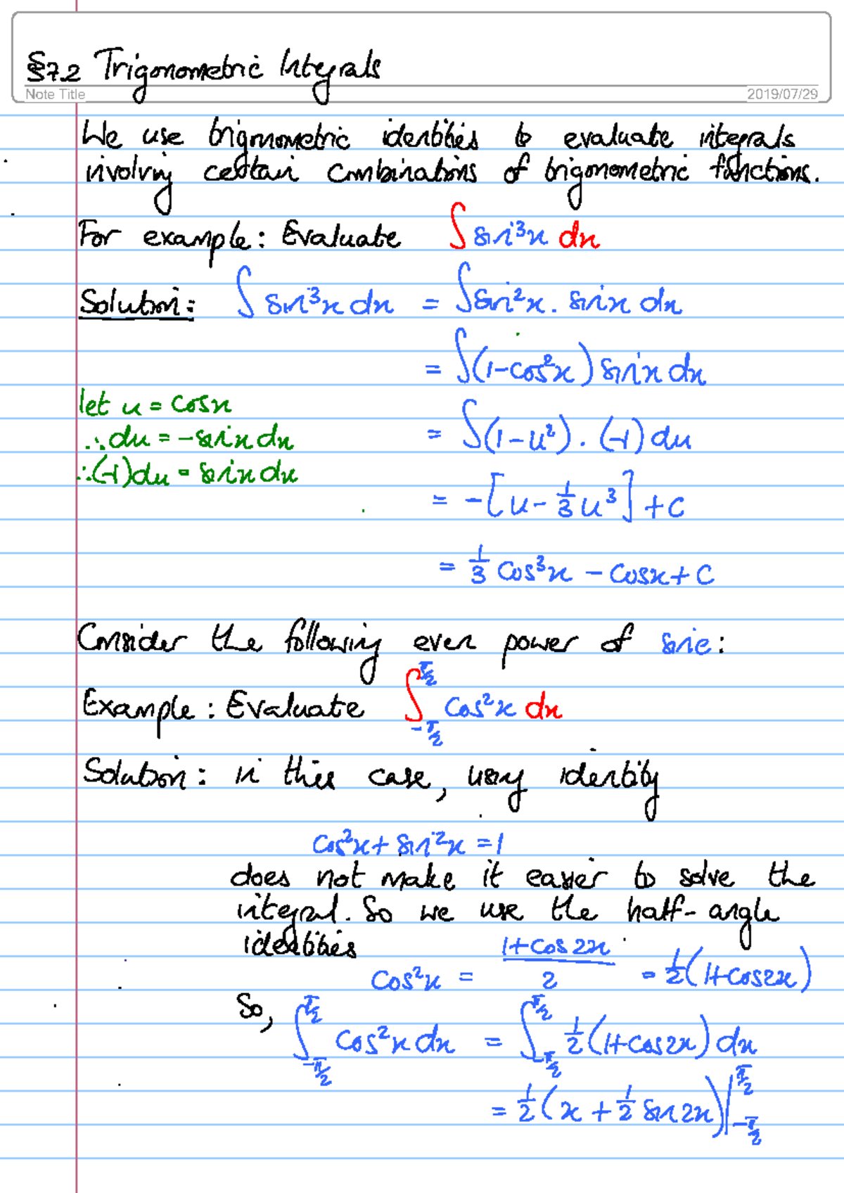 7.2 Trigonometric integrals - Note Title Trigonometric Integrals We use ...