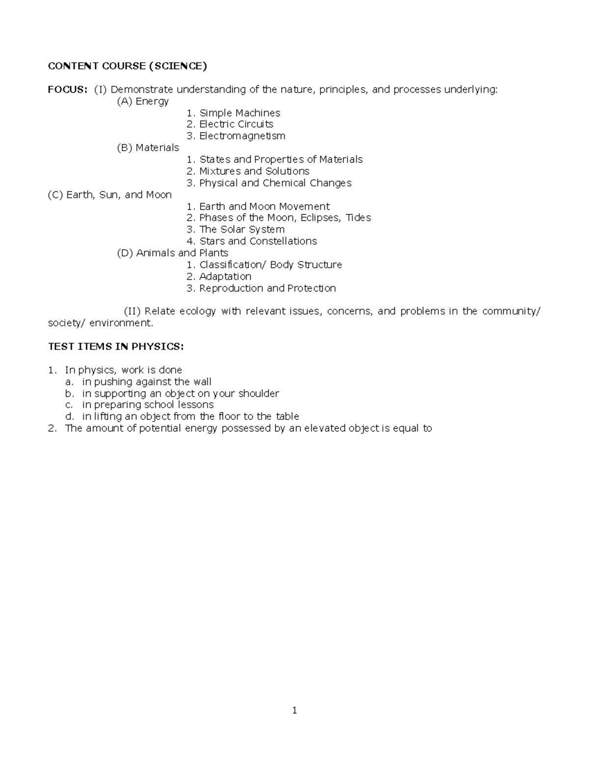 Content Course Science - CONTENT COURSE (SCIENCE) FOCUS: (I ...