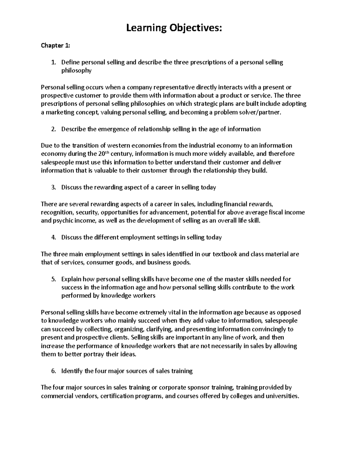 exam-1-learning-objectives-chapter-1-define-personal-selling-and