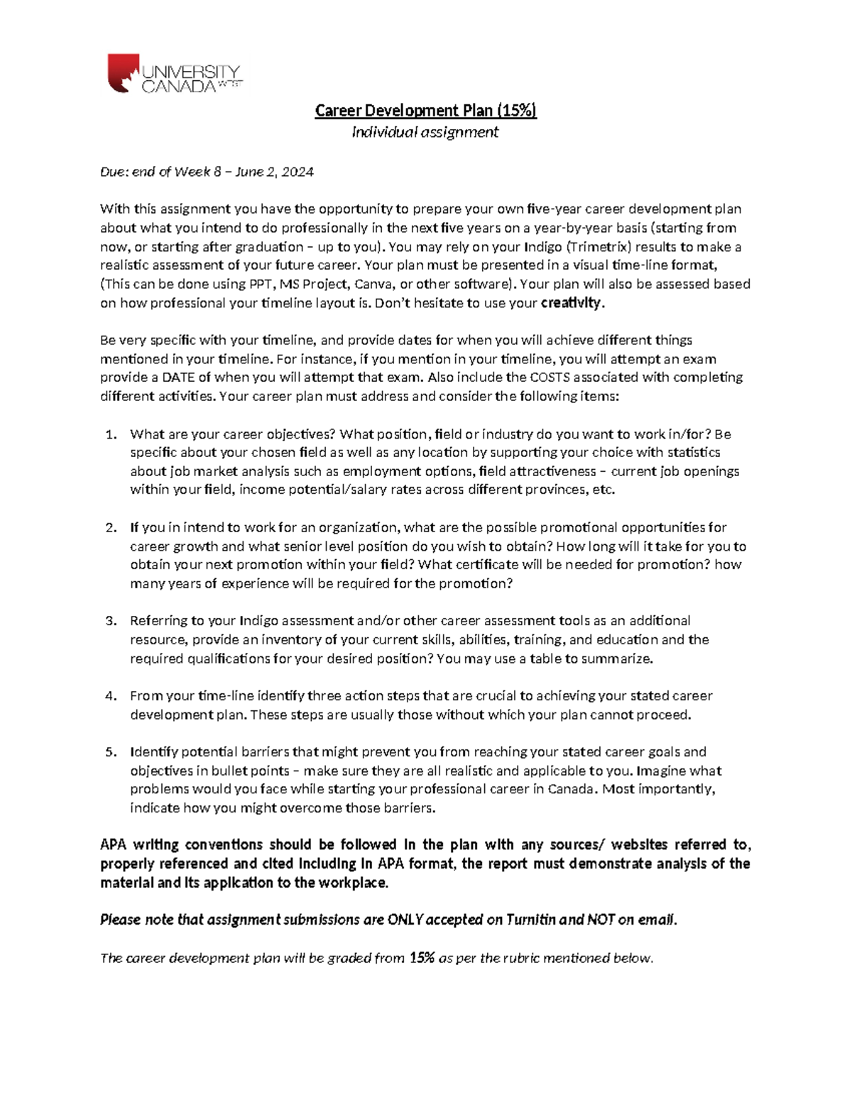 Career Development Plan Spring 2024 - Career Development Plan (15% ...