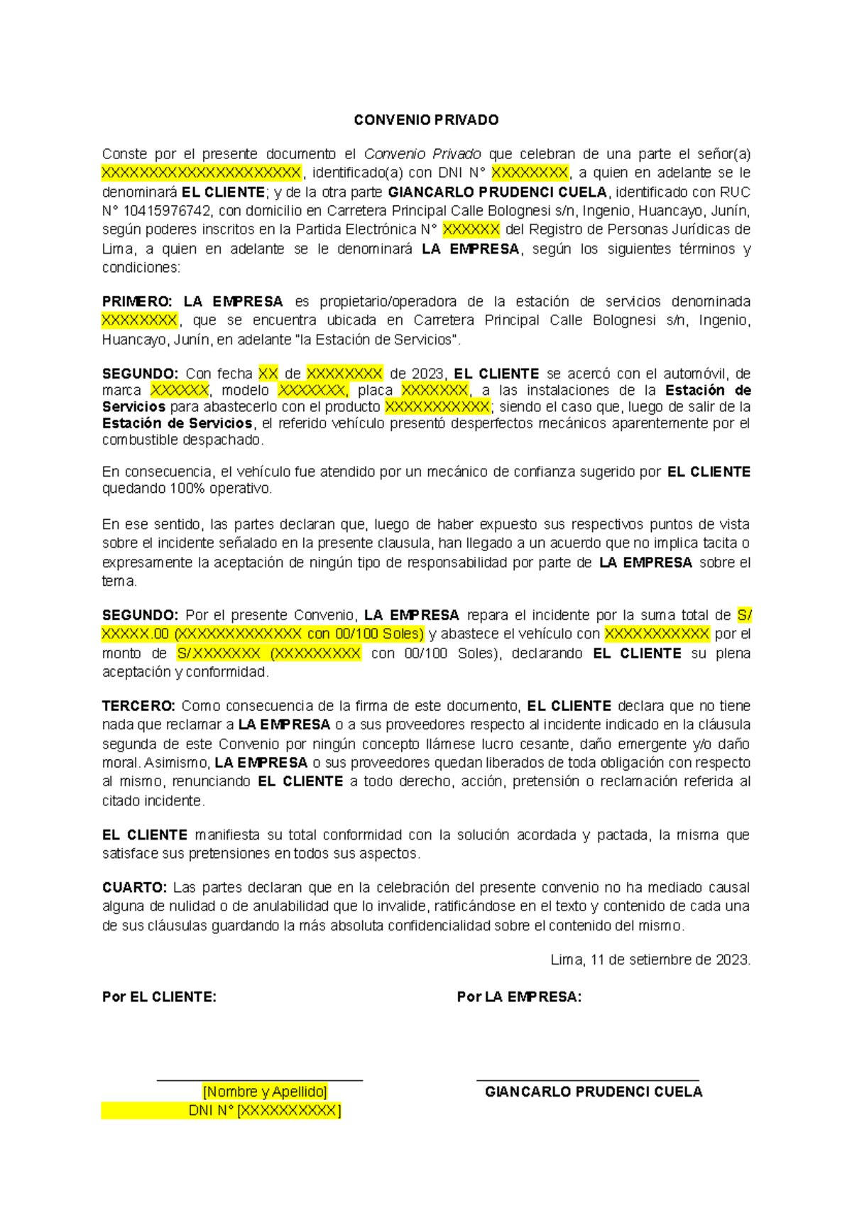 Modelo Convenio Privado - avería de vehículo delaers - CONVENIO PRIVADO Conste por el presente ...