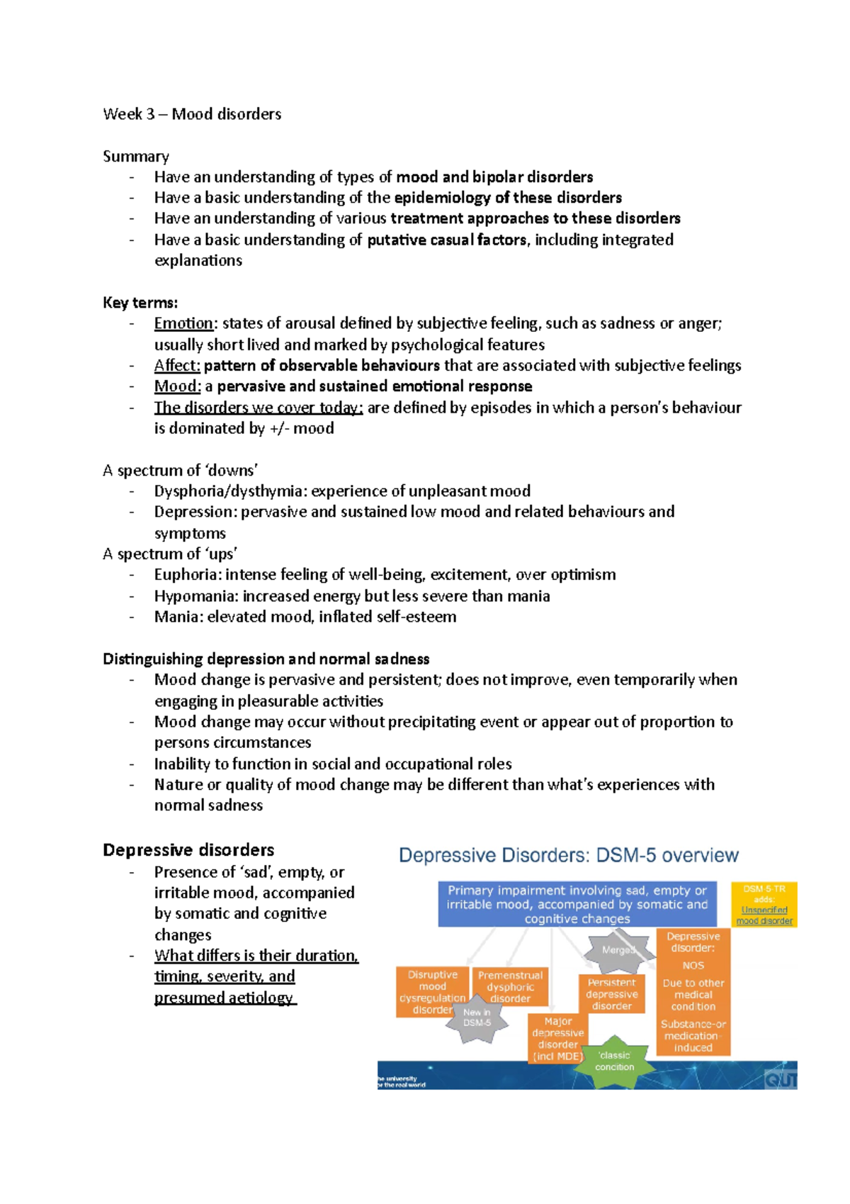 Week 3 - Complete notes on lecture 3 PYB306 - Week 3 – Mood disorders ...