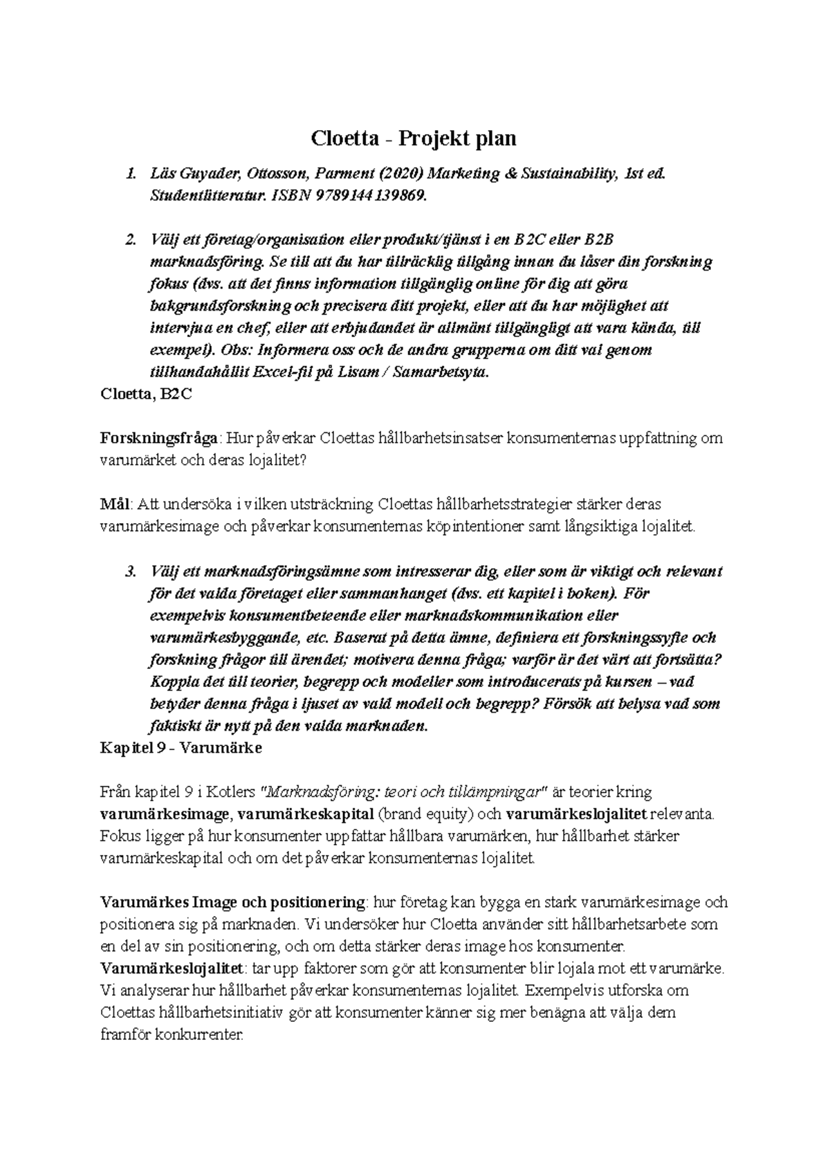 Cloetta - Projekt plan - Grupparbete - hållbarhet - Cloetta - Projekt ...