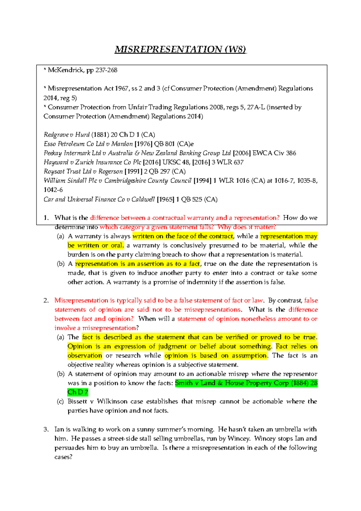MT Class 6 - Misrepresentation - MISREPRESENTATION (W8) McKendrick, pp ...
