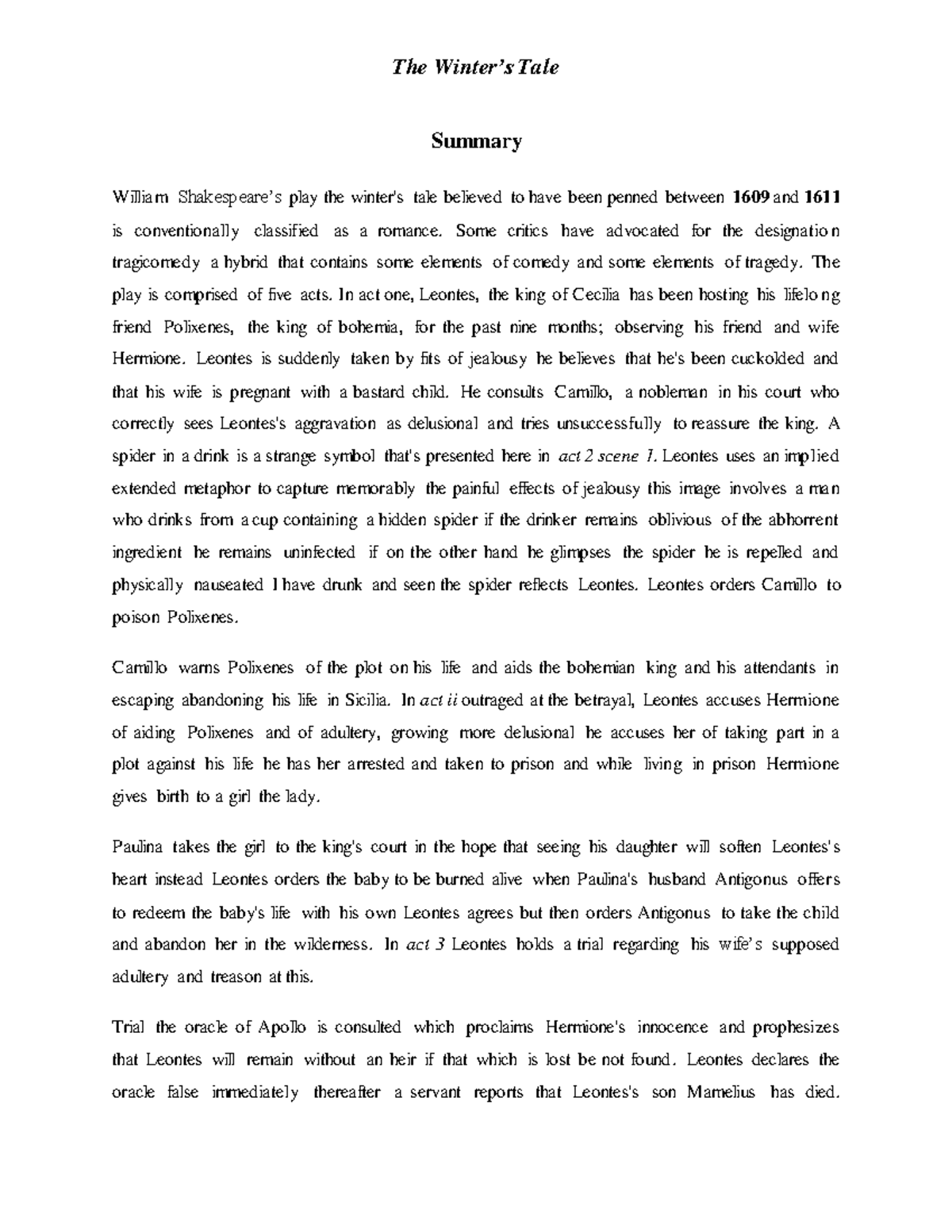 Winters tale - Editional assignments - Summary William Shakespeare’s ...