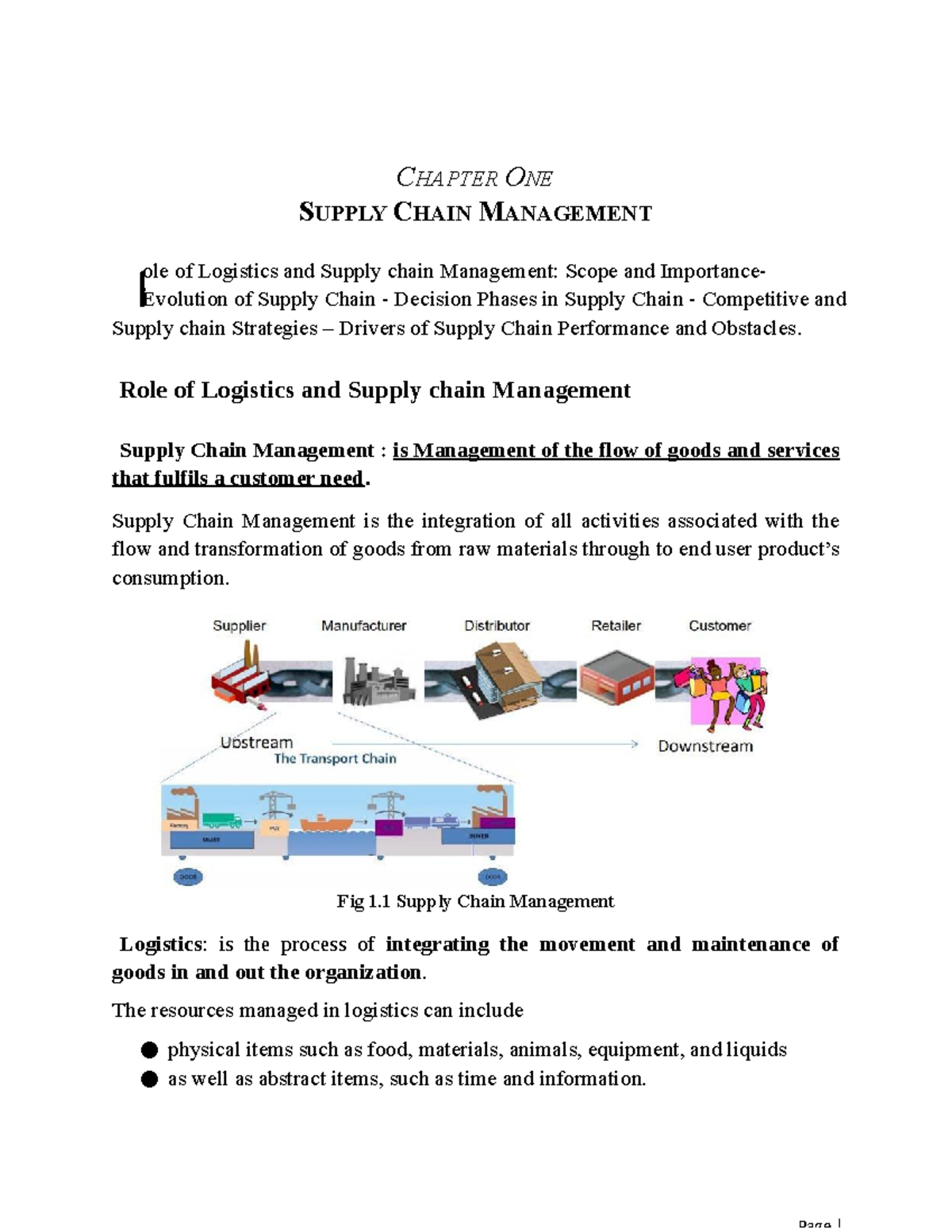 SCM UNIT 1 - CHAPTER ONE SUPPLY CHAIN MANAGEMENT ole of Logistics and ...