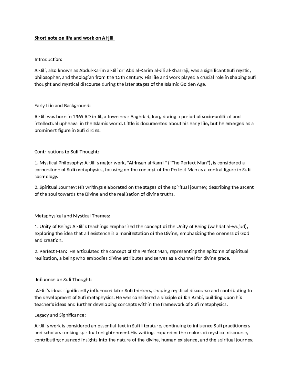 Al-Jili short - Short note on life and work on Al-jili Introduction: Al ...