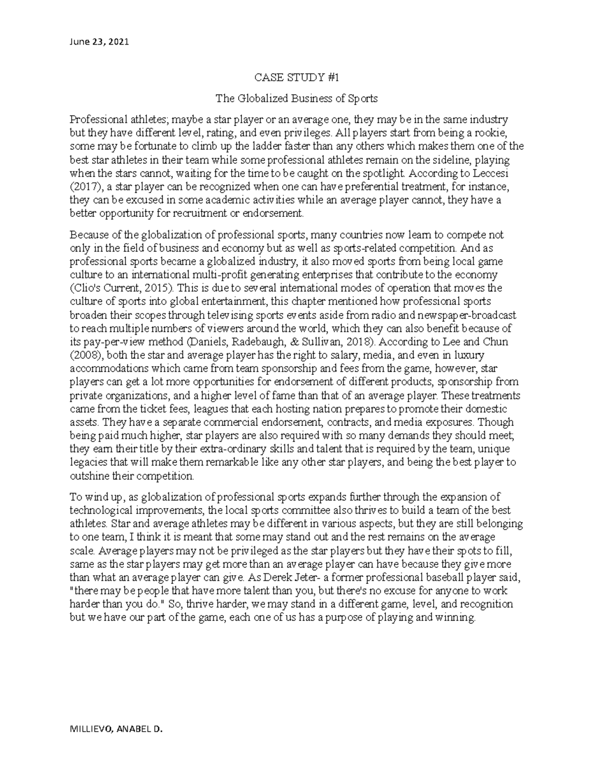 CASE Study 1 : The Globalized Business of Sports - June 23, 2021 CASE ...