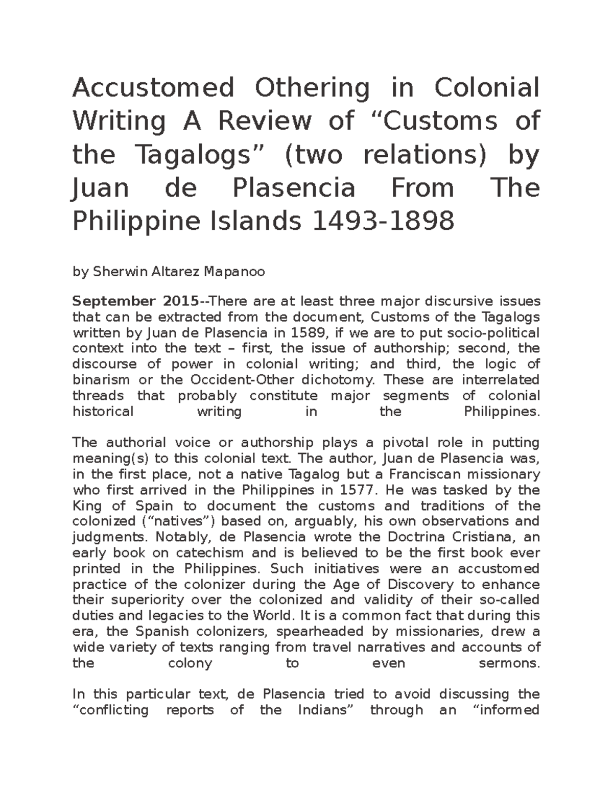 Review of De Plascencia's Writings (G2) - Accustomed Othering in ...