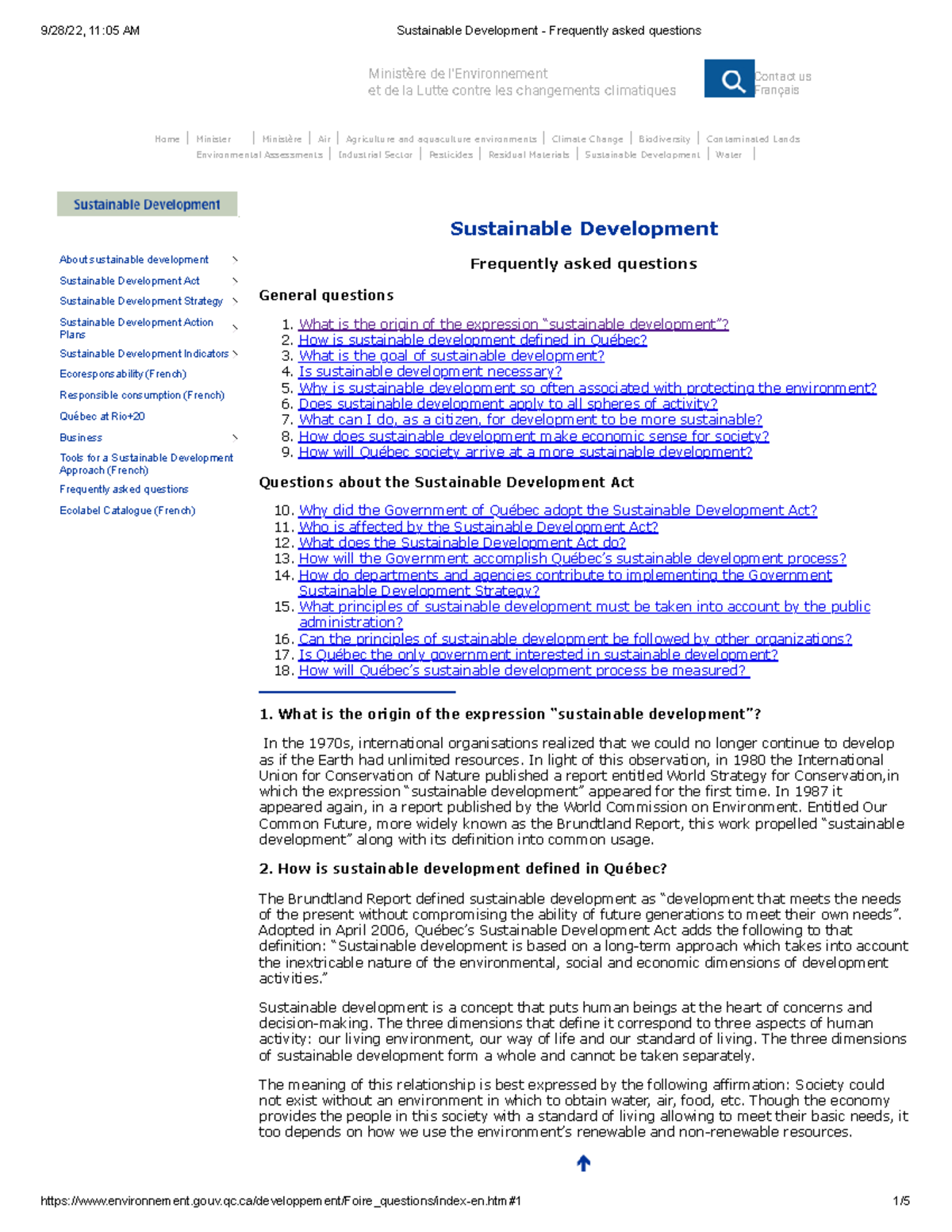 Sustainable Development - Frequently asked questions - Ministère de l ...