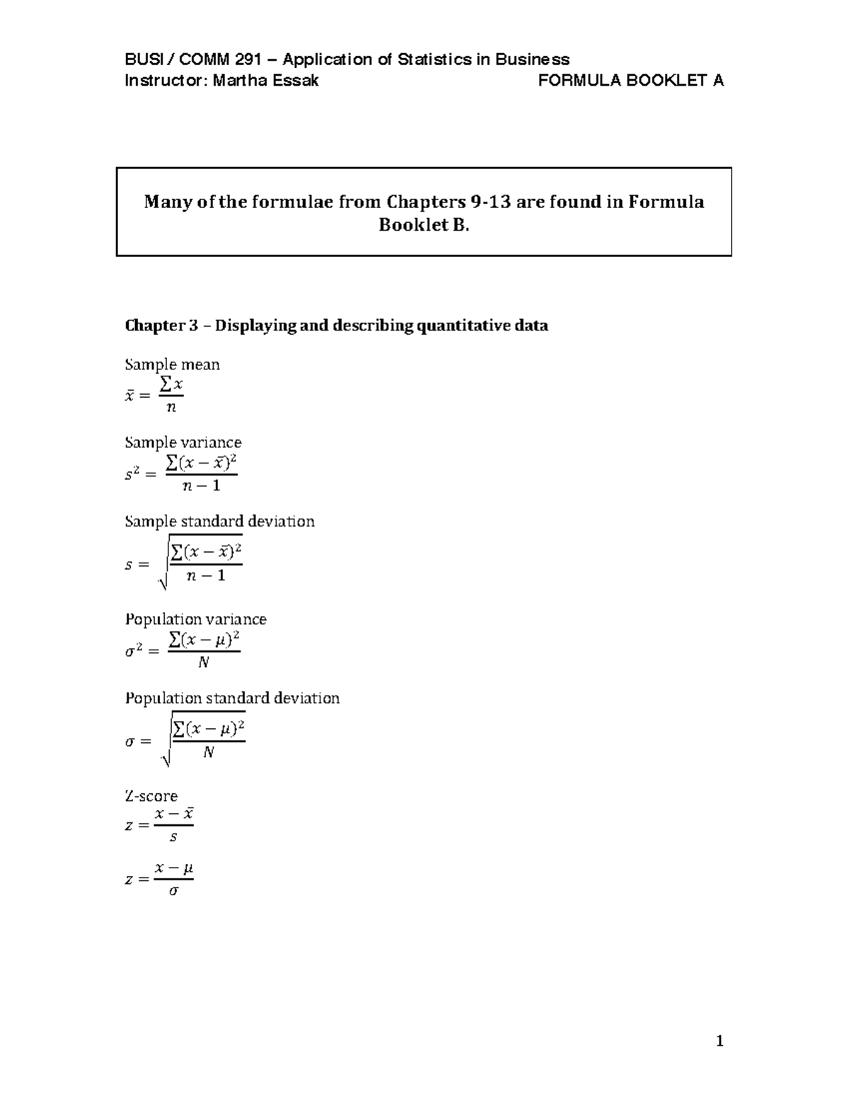 Formula booklet A COMM 291 - Instructor: Martha Essak FORMULA BOOKLET A ...