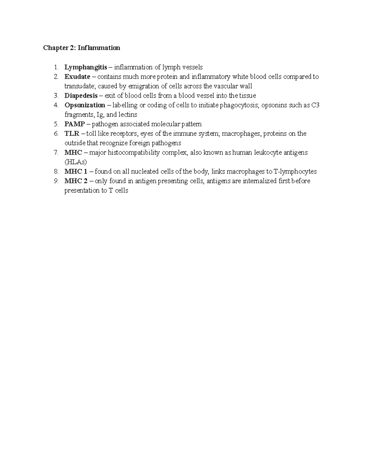 KIN 3505 5 - TERMS TO KNOW - Chapter 2: Inflammation Lymphangitis – inflammation of lymph ...