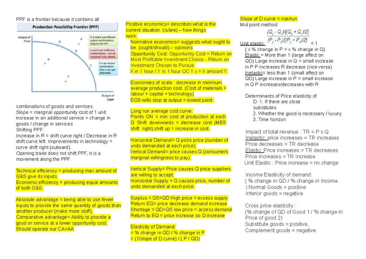 Economics Cheat Sheet - PPF is a frontier because it contains all ...