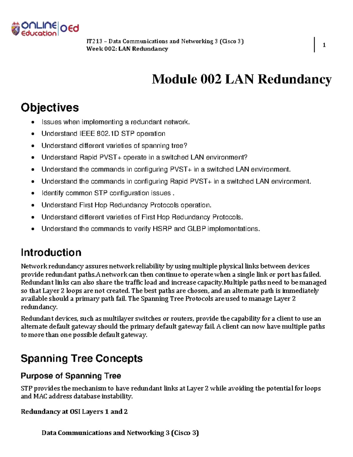 Week 3 - Lan Redundancy - Week 002: LAN Redundancy 1 Data Communications and Networking 3 (Cisco ...