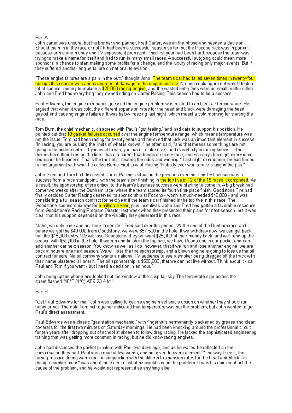 Carter Racing - Part A John carter was unsure, but his brother and ...