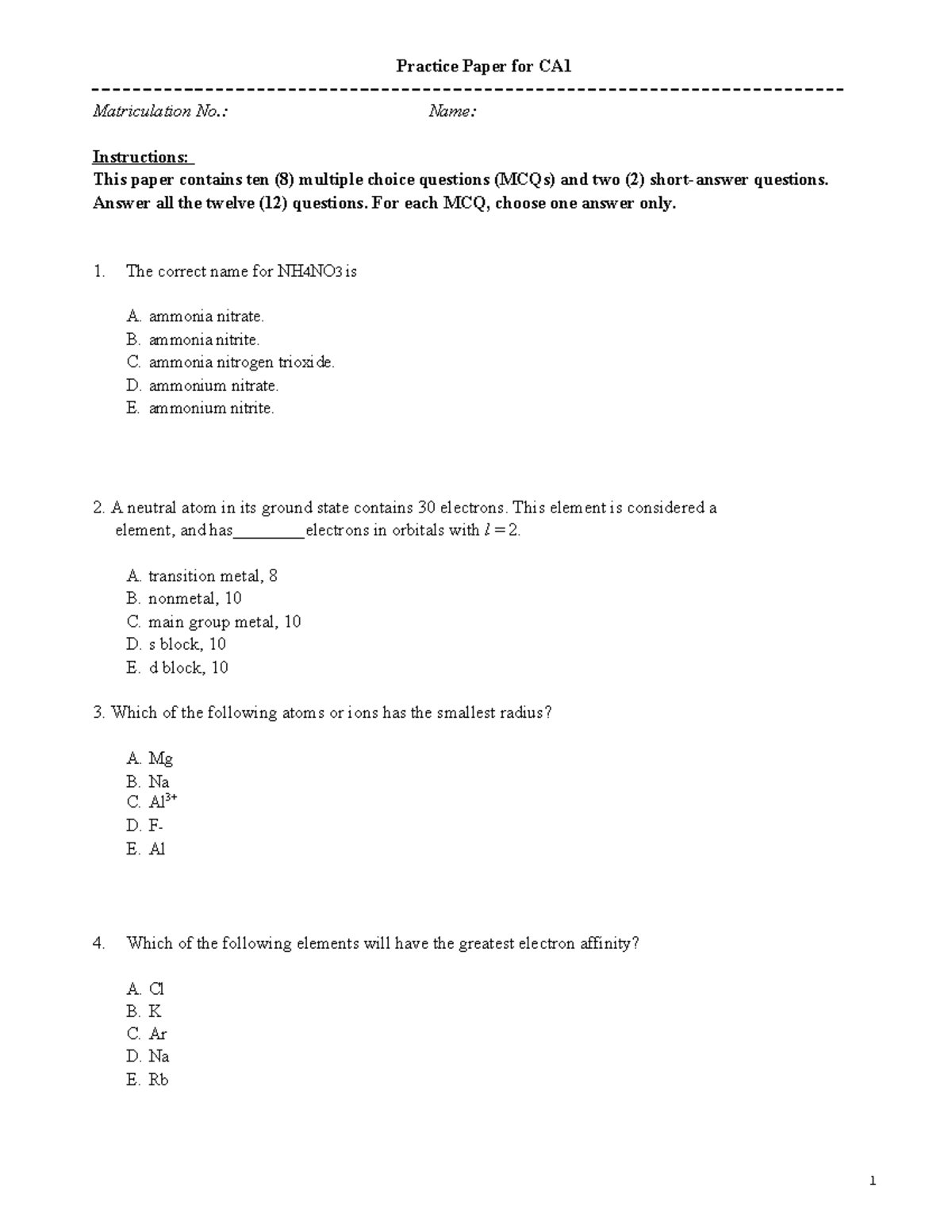 CA1 Practice paper - Practice Paper for CA Matriculation No.: Name: Instructions: This paper ...