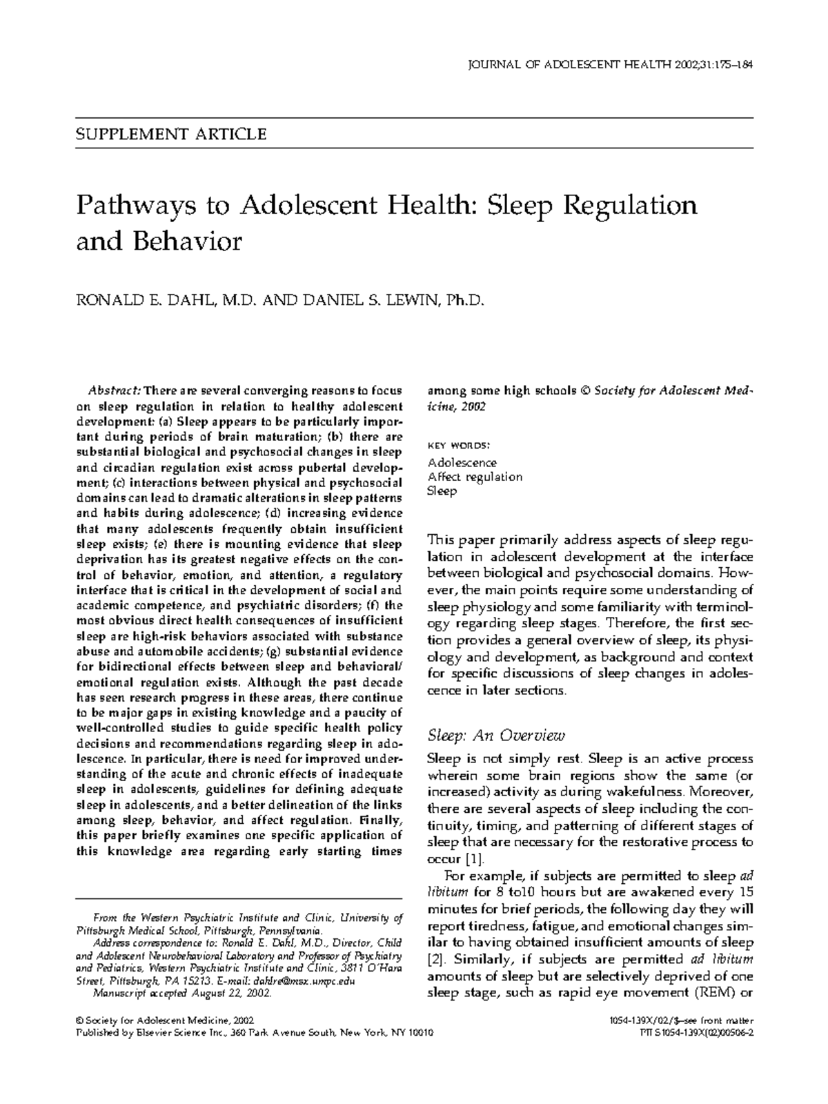Pathways to adolescent health sleep regu - SUPPLEMENT ARTICLE Pathways ...
