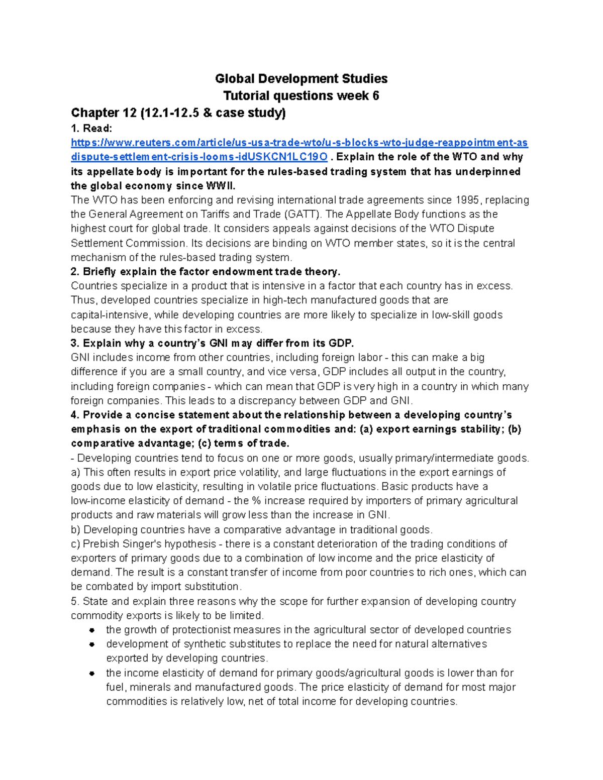 GDS 6 tutorial - Global Development Studies Tutorial questions week 6 Chapter 12 (12.1-12 & case ...