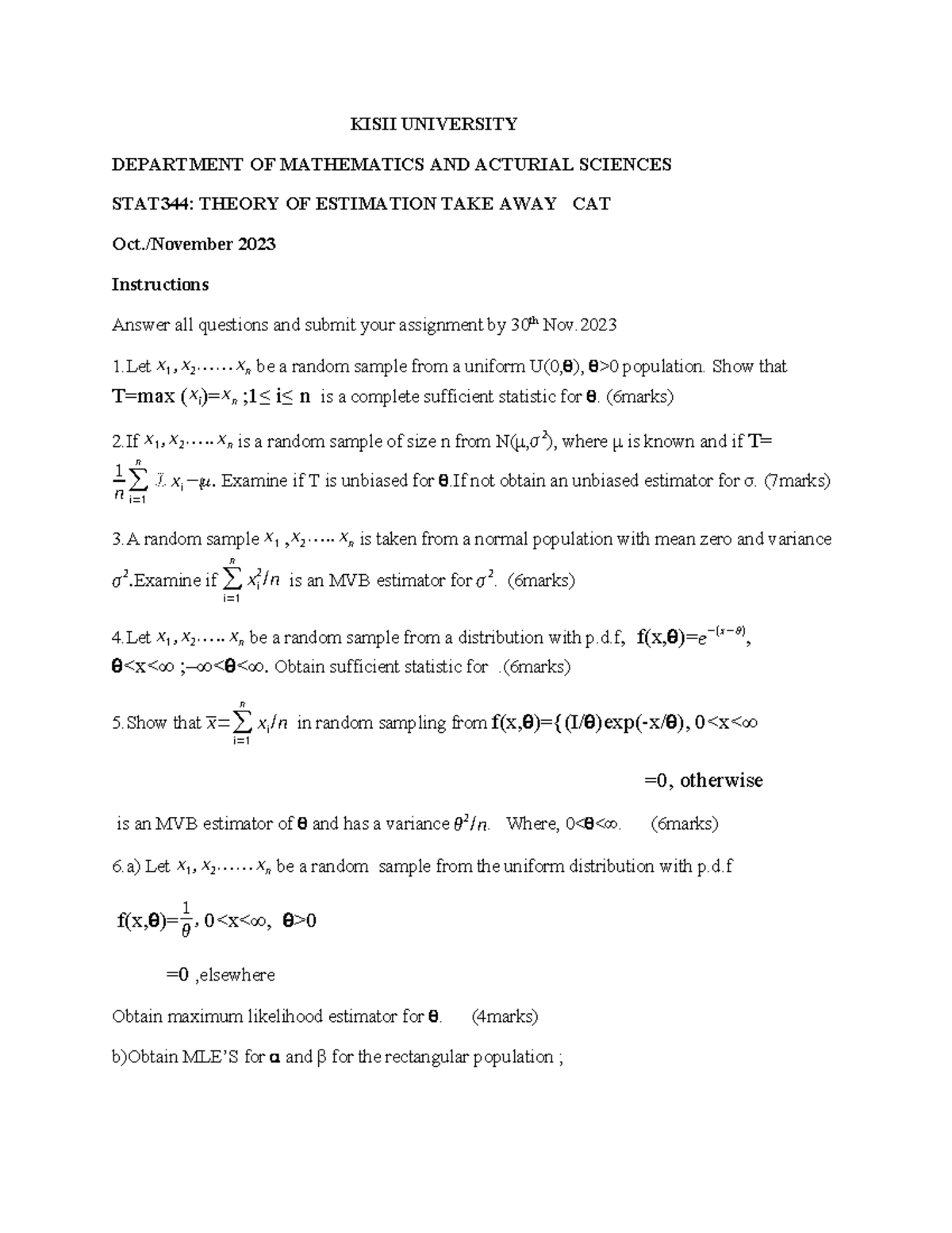 Stat 344 Theory Of Estimation Cat Kisii University Department Of Mathematics And Acturial