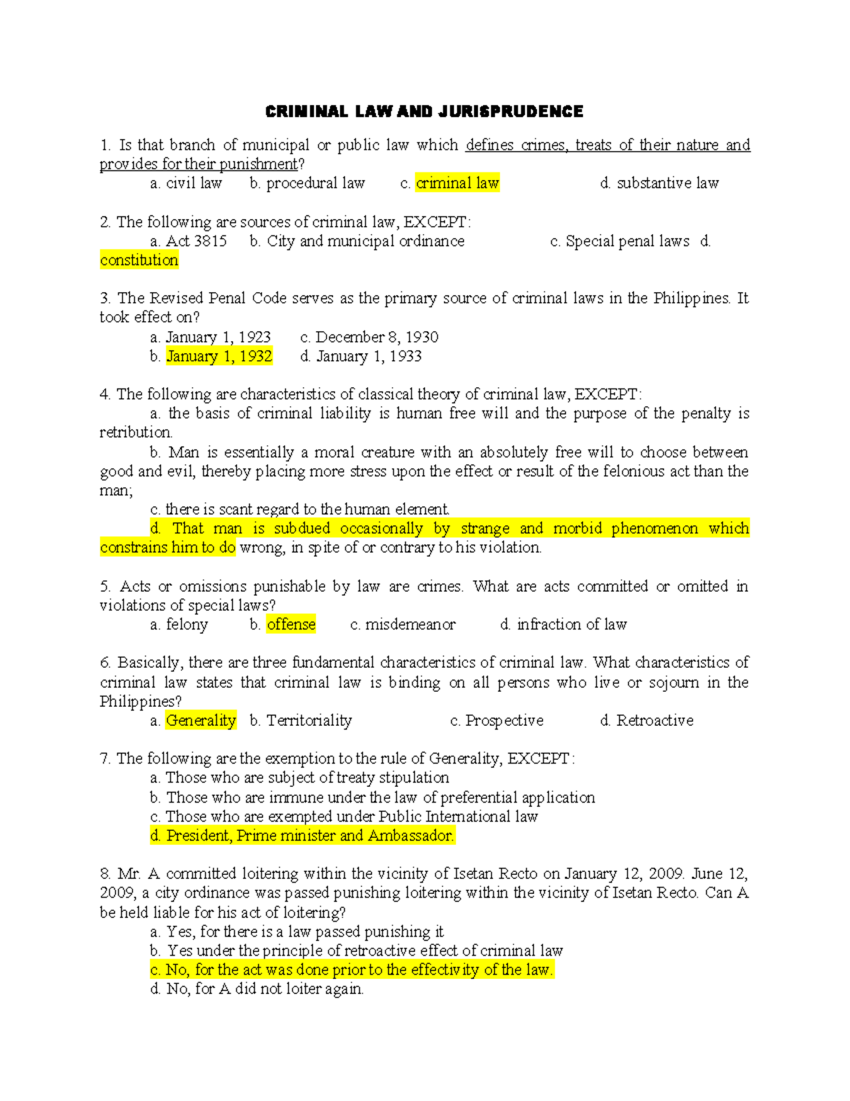 Criminal LAW AND Jurisprudence Mockboard EXAM Rationale Final ...