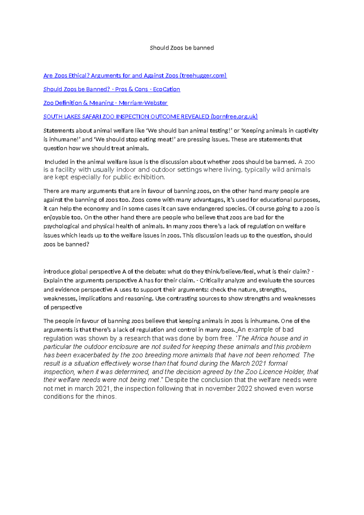 Research essay zoos - aantekening - Should Zoos be banned Are Zoos ...