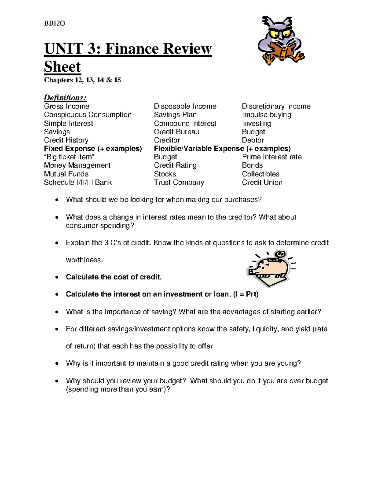 Finance Review Sheet - assignment - BBI2O UNIT 3: Finance Review Sheet ...