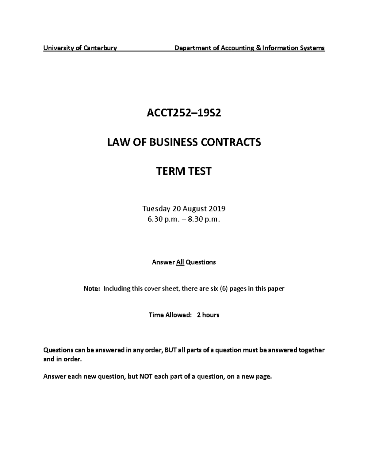 ACCT 252 2019 Term Test - University of Canterbury Department of ...