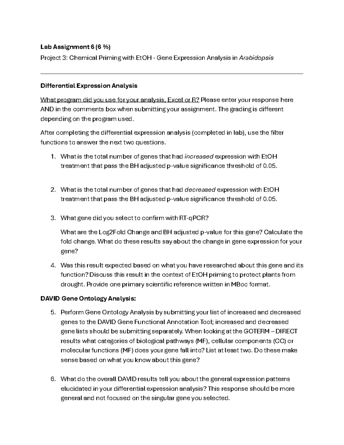 F24 Lab Assignment 6 - Lab Assignment 6 (6 %) Project 3: Chemical Priming with EtOH - Gene - Studocu