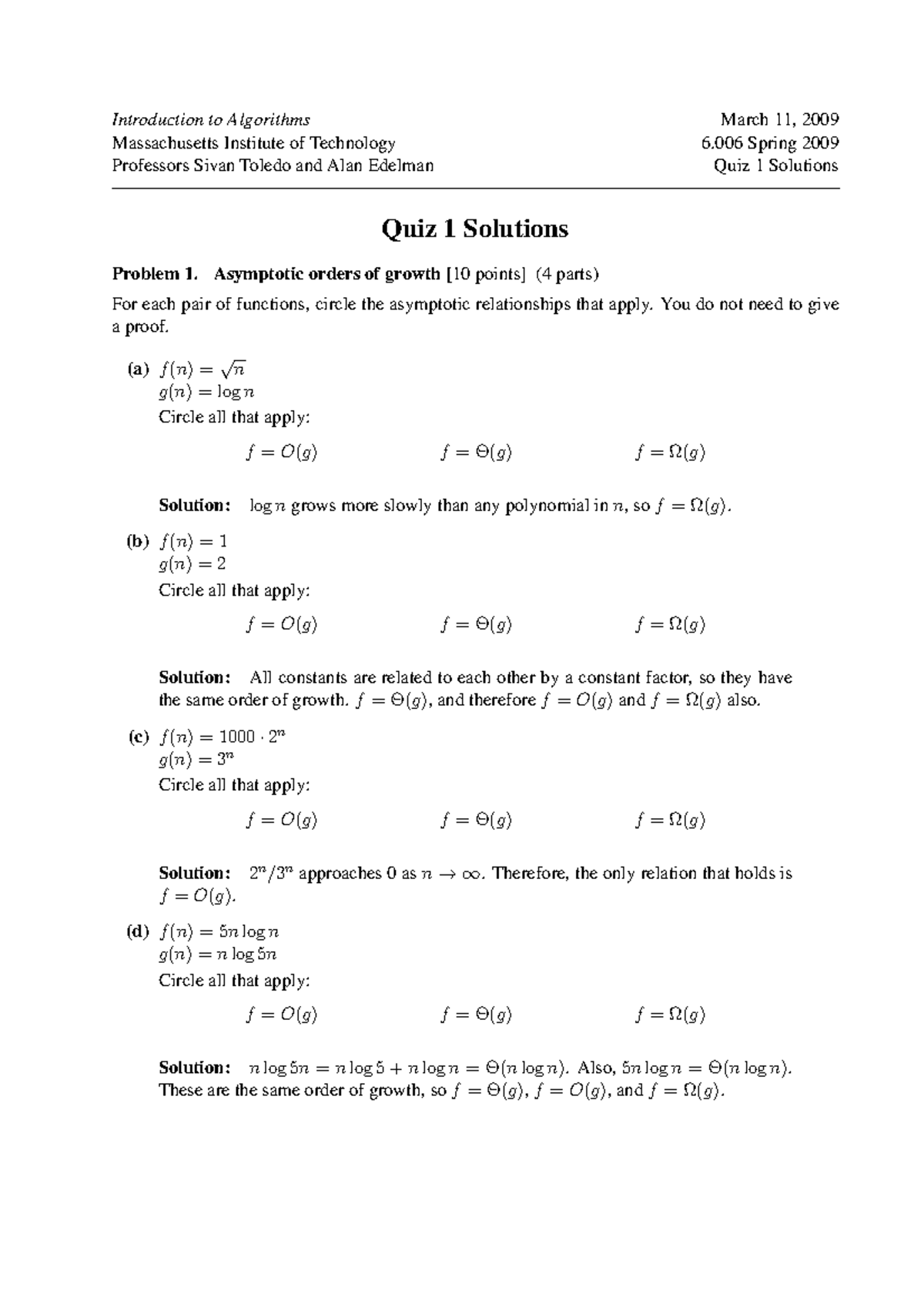 Q1-s2009-sol - Introduction to Algorithms Massachusetts Institute of ...