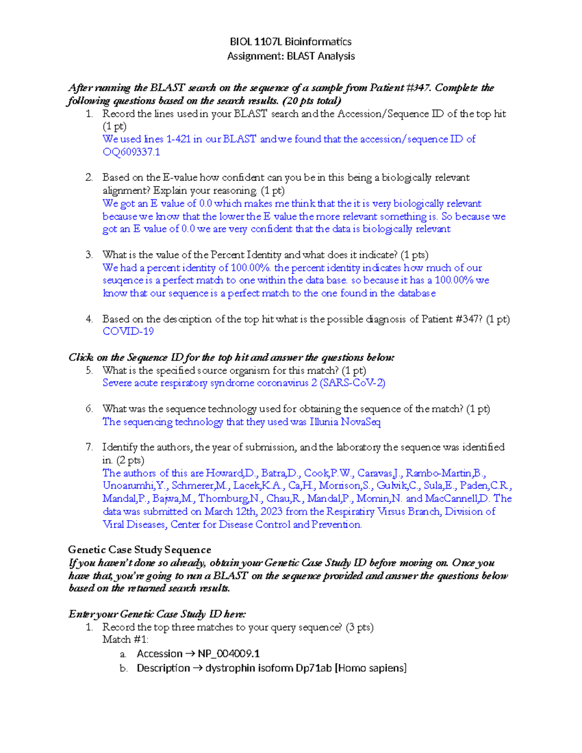 1107L BST - Bio Lab - BIOL 1107L Bioinformatics Assignment: BLAST Analysis After running the ...