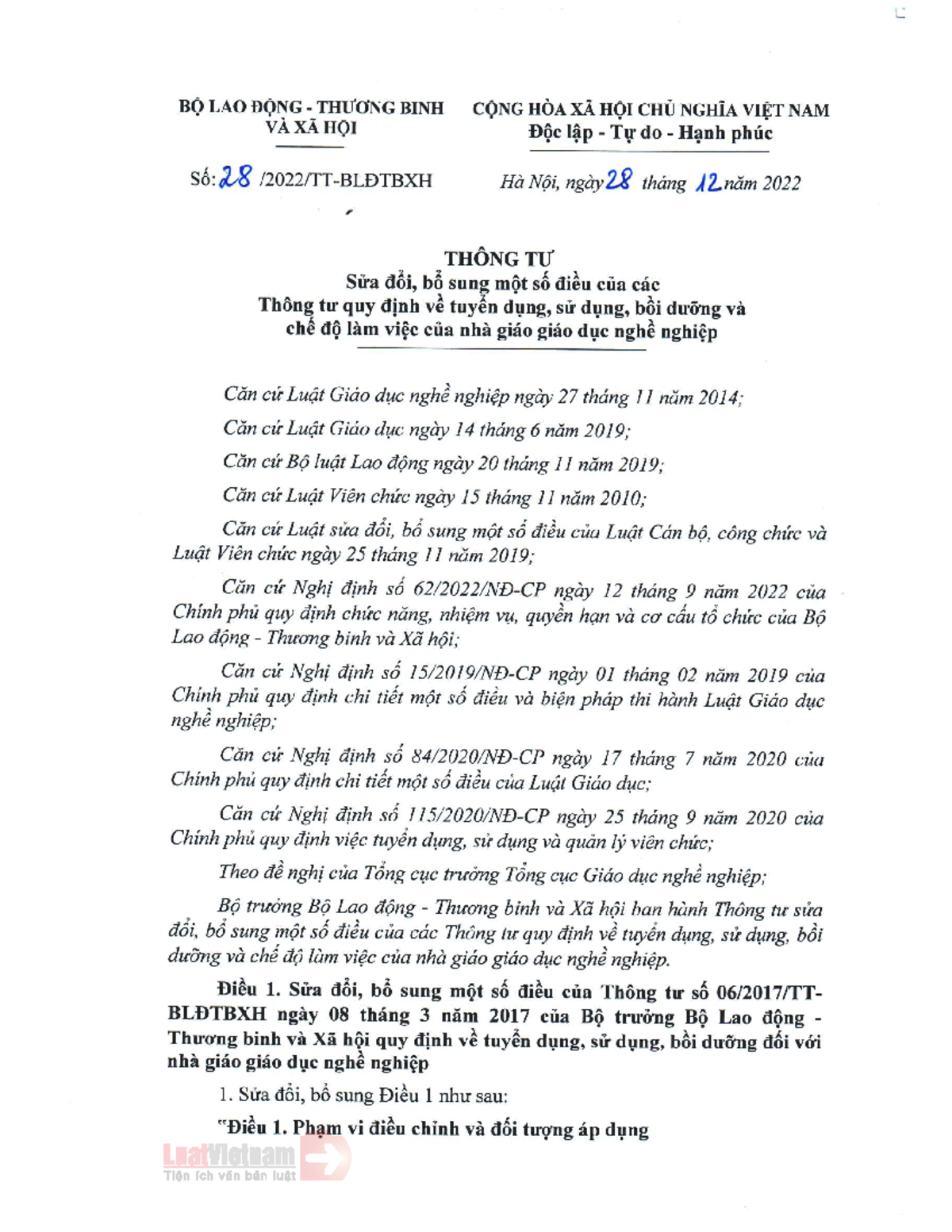 Thong tu 28 2022 tt bldtbxh bo lao dong thuong binh va xa hoi - Cong ...