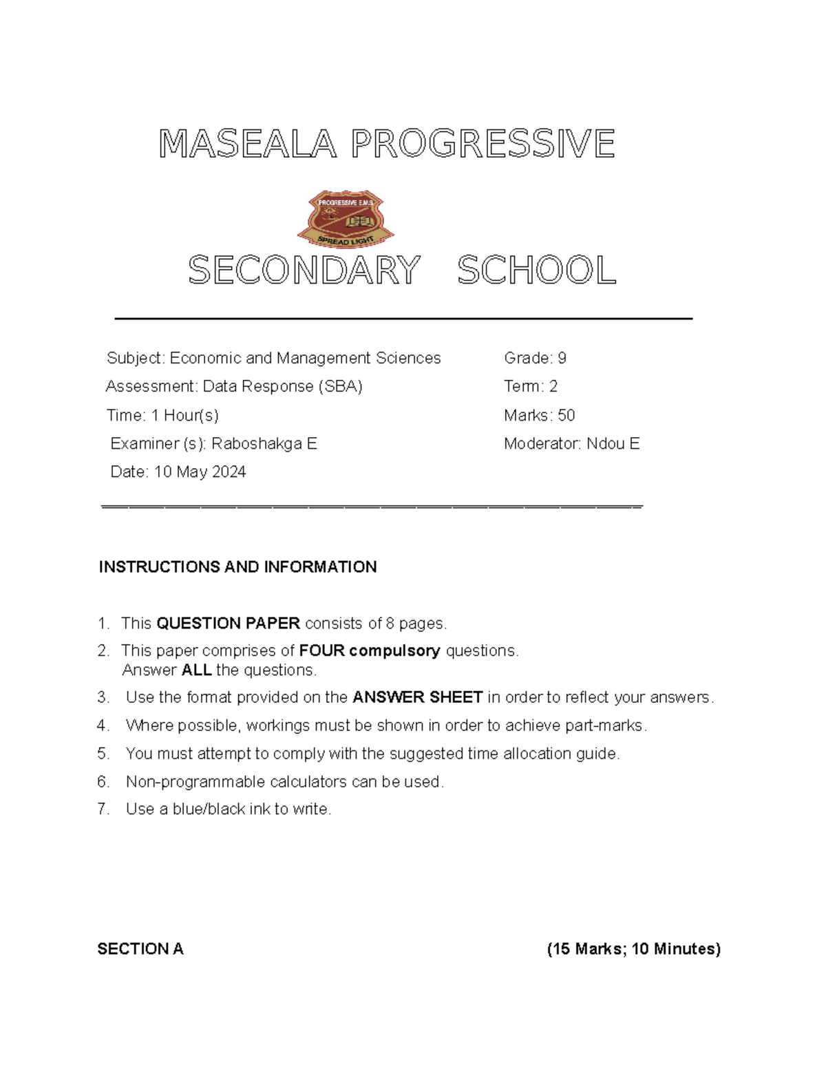 DATA Response TERM 2 2024 - MASEALA PROGRESSIVE SECONDARY SCHOOL - Studocu