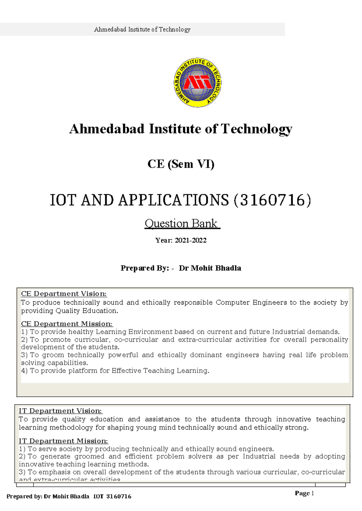 6 - rjhefgjsabf - Prepared by: Dr Mohit Bhadla IOT 3160716 Page 1 ...