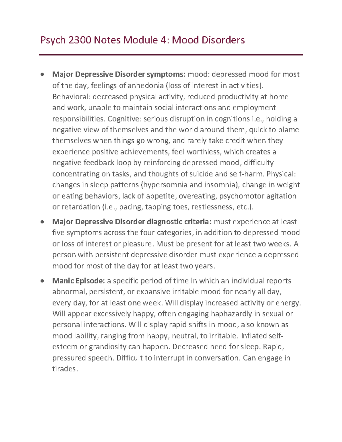 Psych 2300 Notes Module 4 Mood Disorders - Psych 2300 Notes Module 4 ...