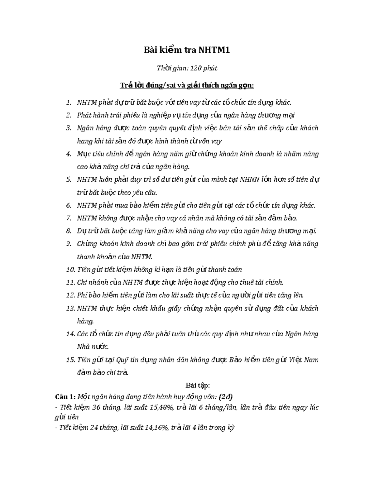 Bài ôn tập lớp NHTM chiều t3 - Bài ki ểm tra NHTM Th ời gian: 120 phút ...