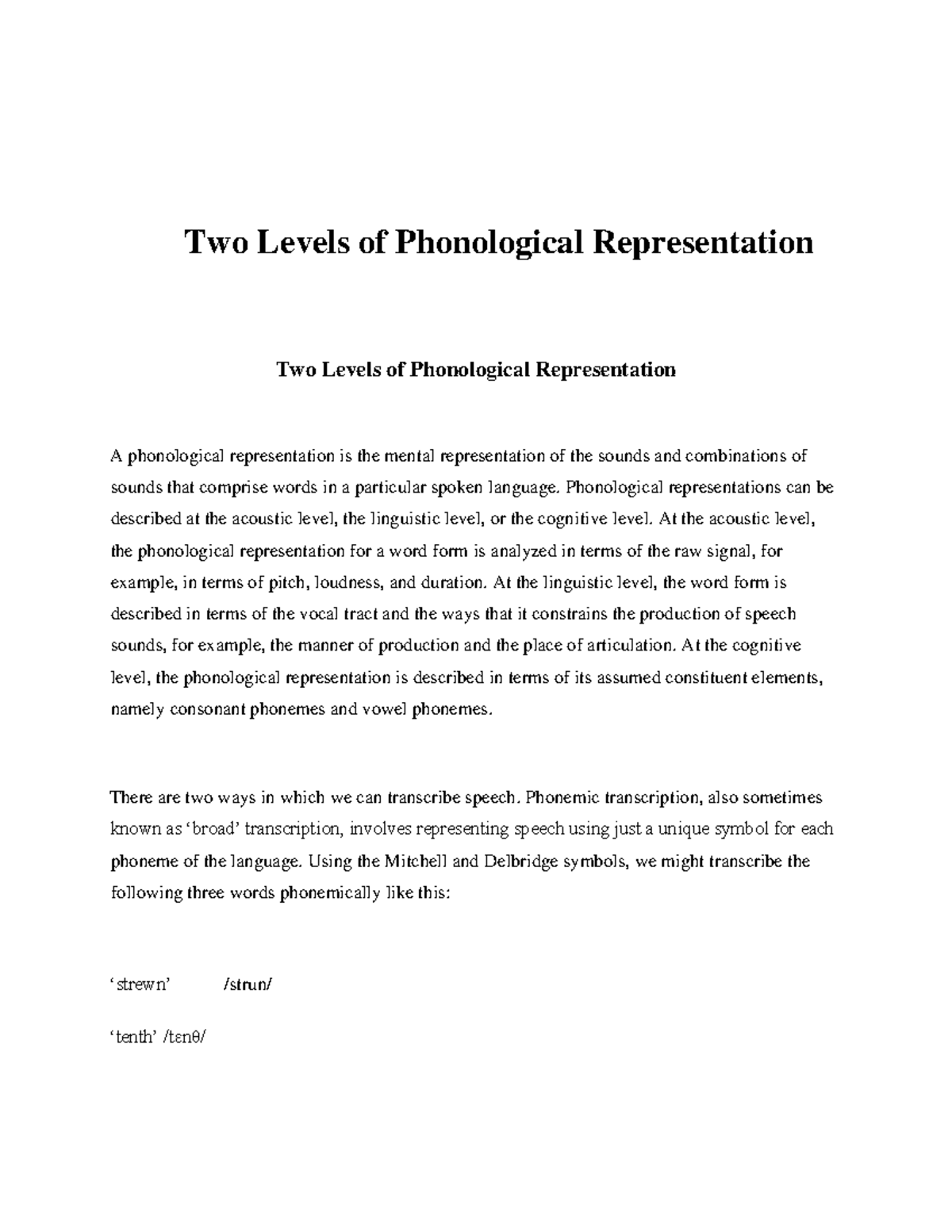 Levels Of Phonological Representation - Linguistics - AMU - Studocu