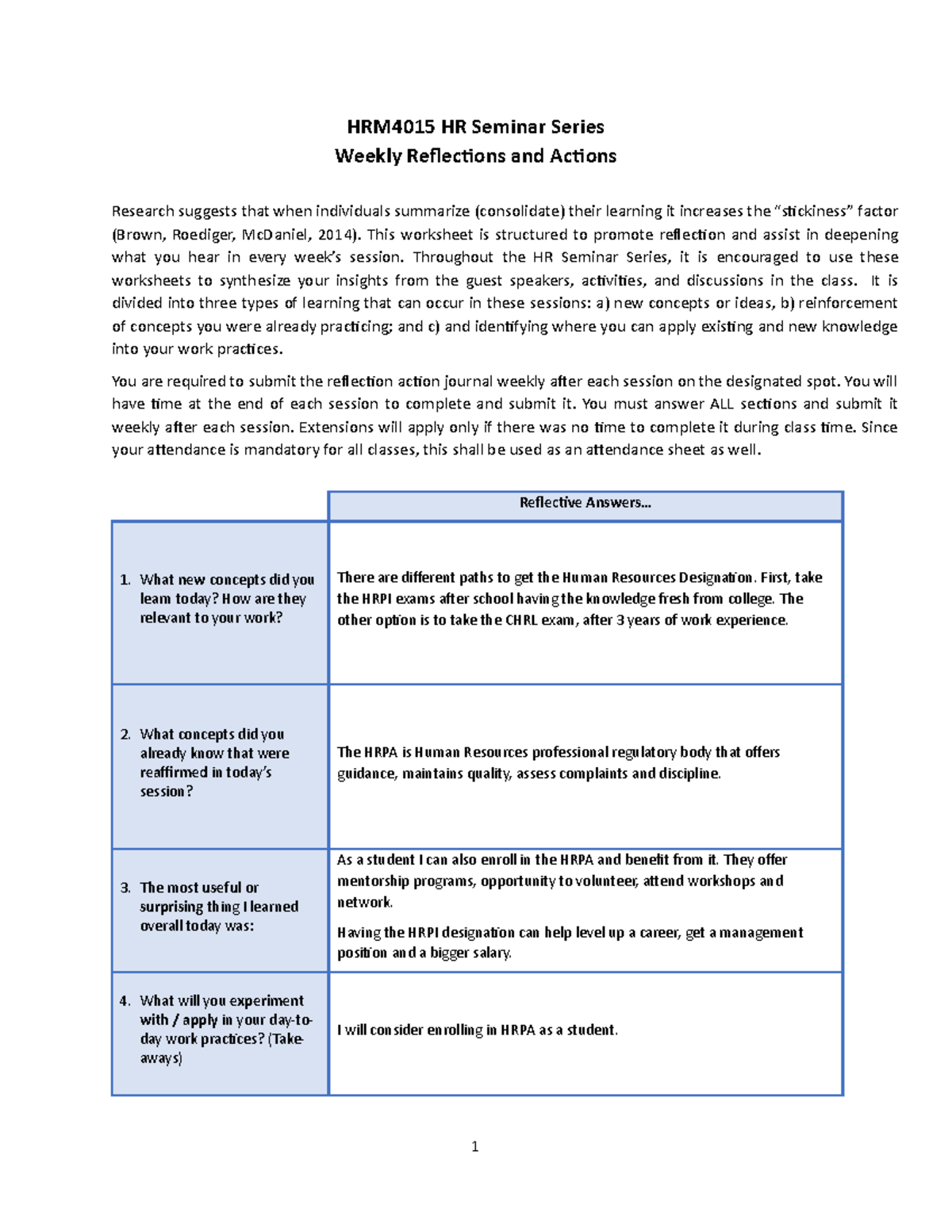 HRM4015- Reflections and Actions Journal - 8 - HRM4015 HR Seminar Series Weekly Reflections and ...