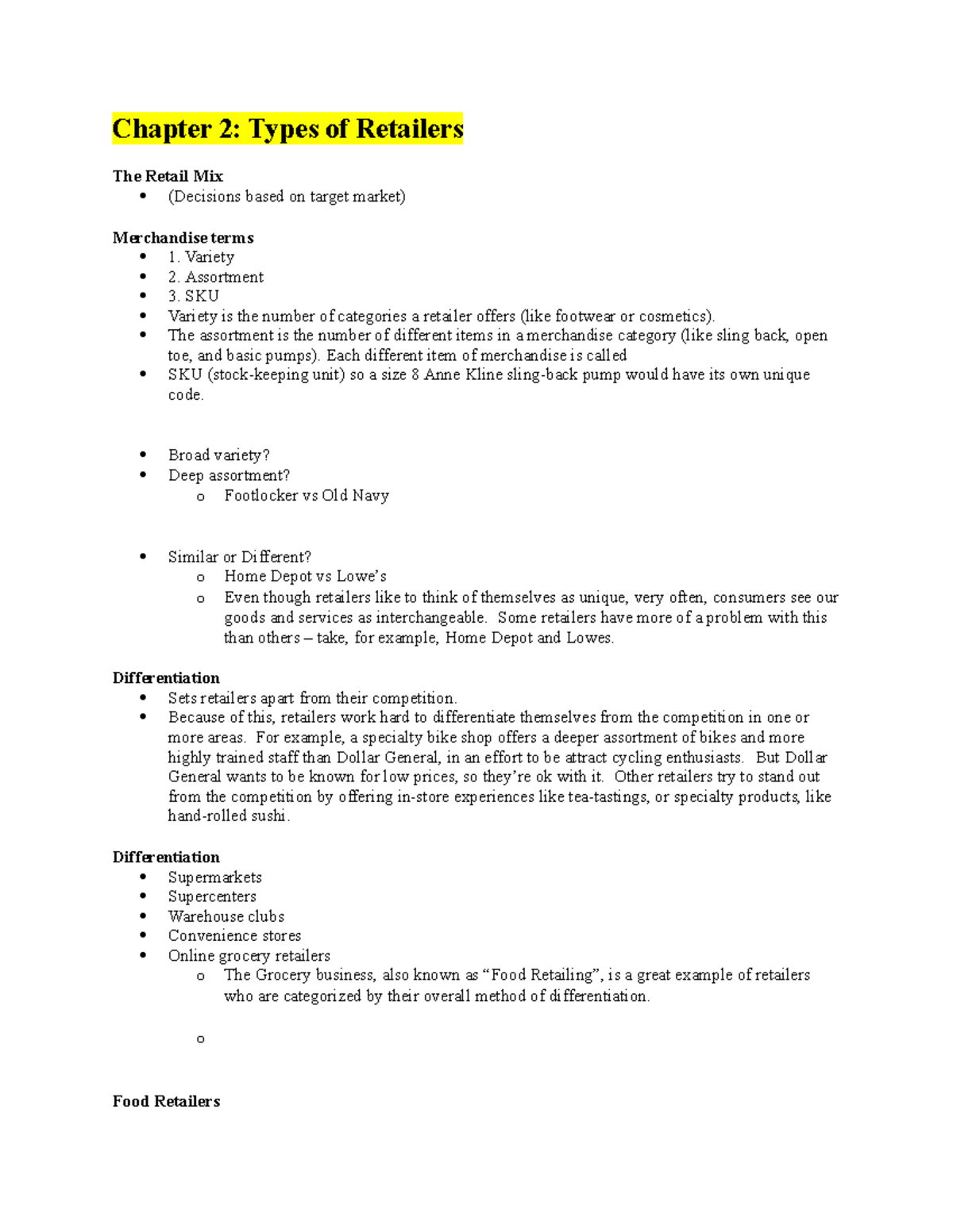 Chapter 2 - In class notes - Chapter 2: Types of Retailers The Retail ...
